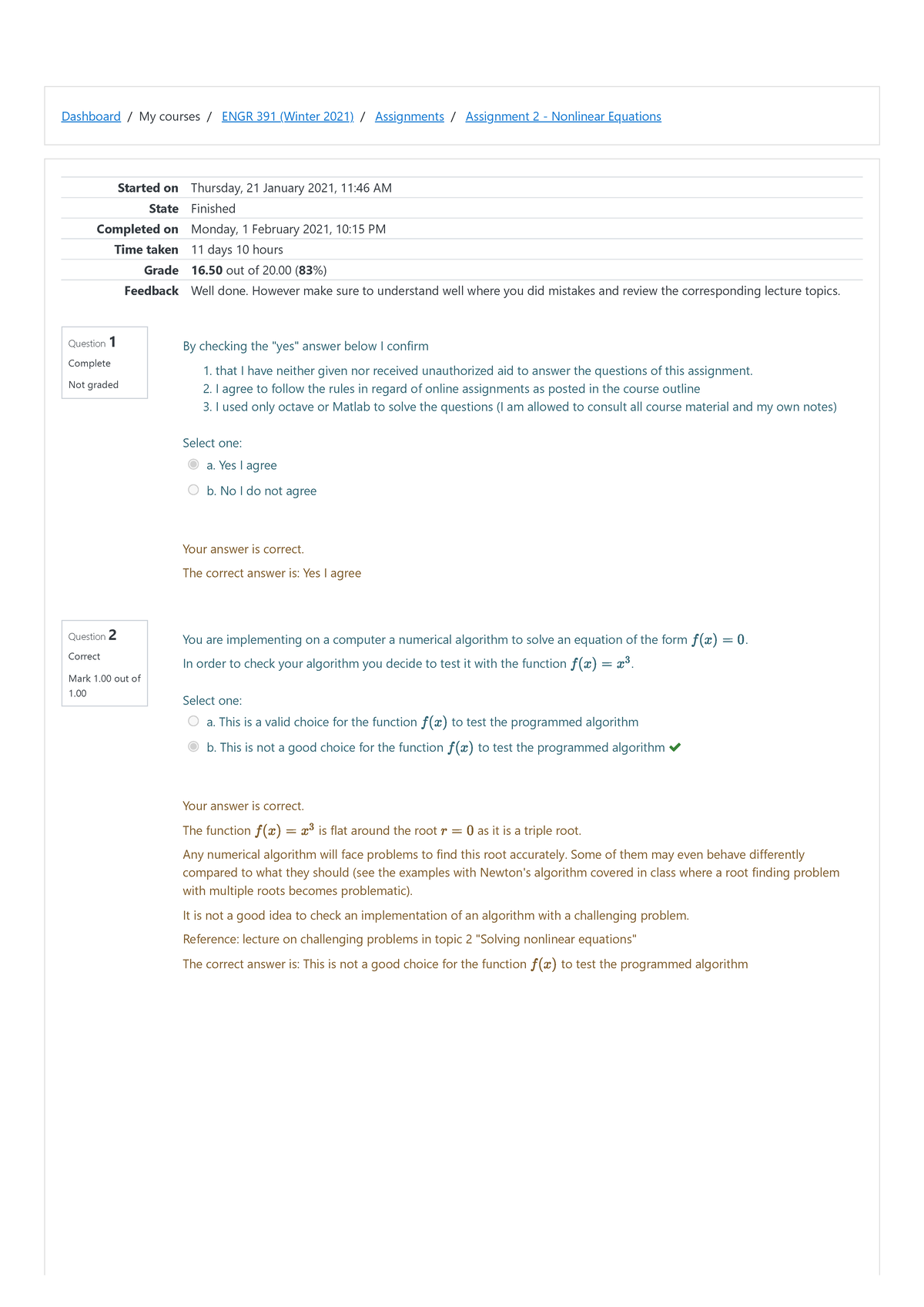 Assignment 2 - Nonlinear Equations - Dashboard / My courses / ENGR 391 ...