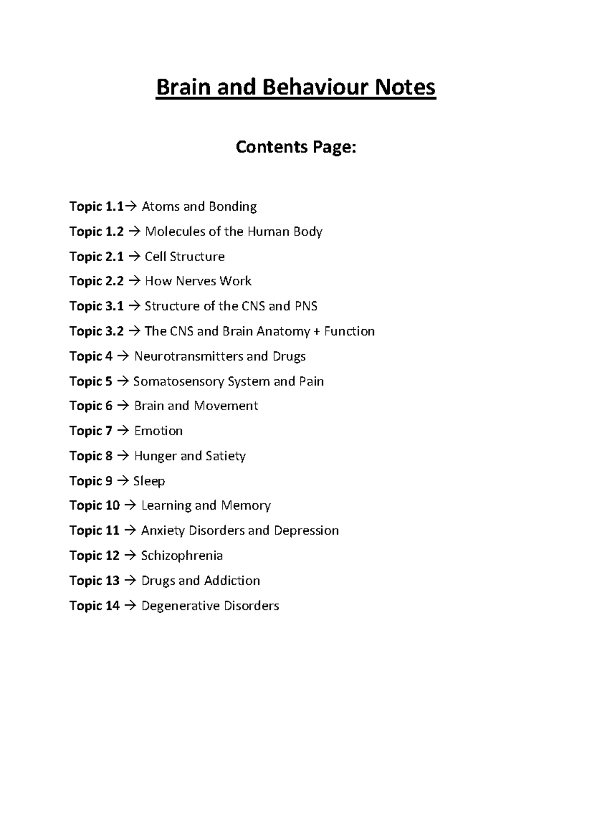Brain AND Behaviour Notes - Brain and Behaviour Notes Contents Page ...