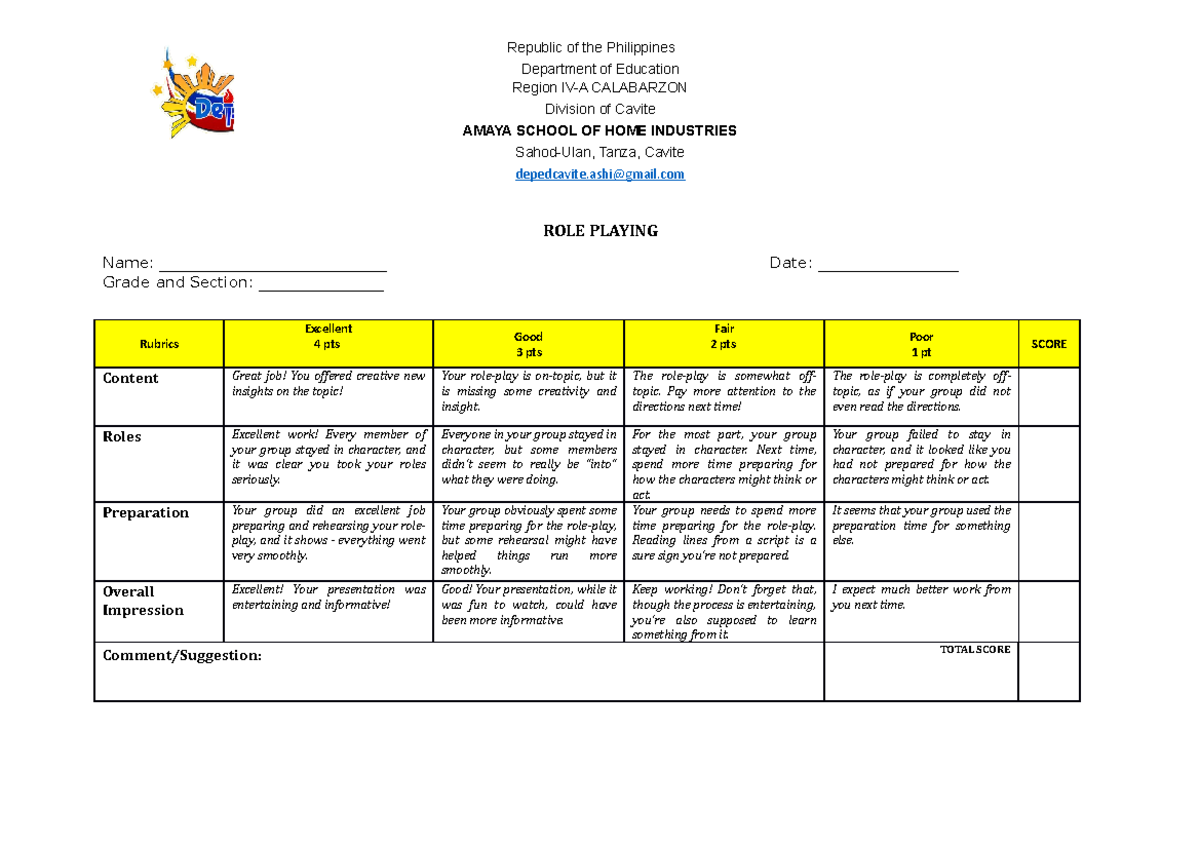 Rubrics role playing - ROLE PLAYING Name ...