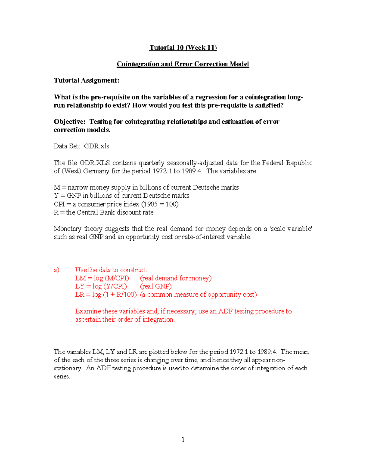 Tut10Sol - Tut 10 - Tutorial 10 (Week 11) Cointegration and Error ...