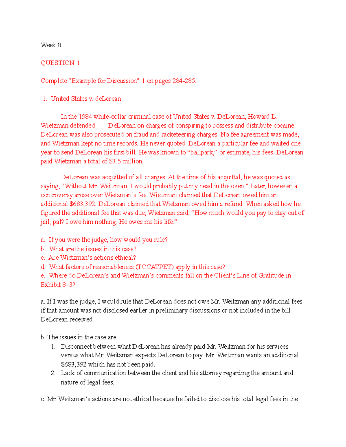 LGLA 2307 - Assignment 8 - Week 8 QUESTION 1 Complete “Example for Discussion” 1 on pages 284 ...