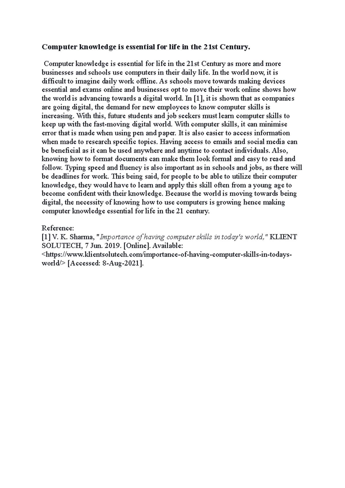 Comp Sci 110 Essay Example - Computer knowledge is essential for life ...