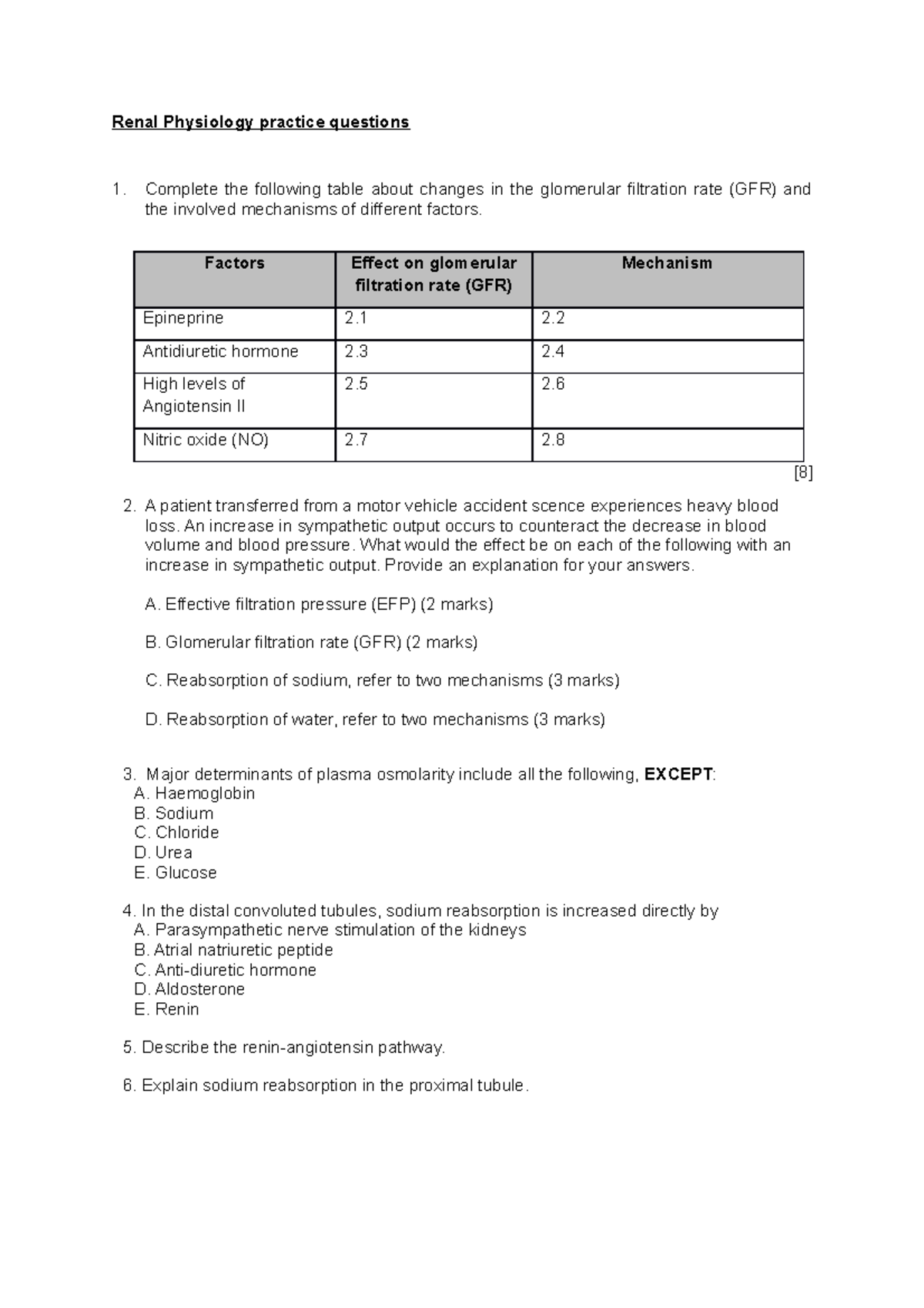 Renal Physiology practice questions - Renal Physiology practice ...