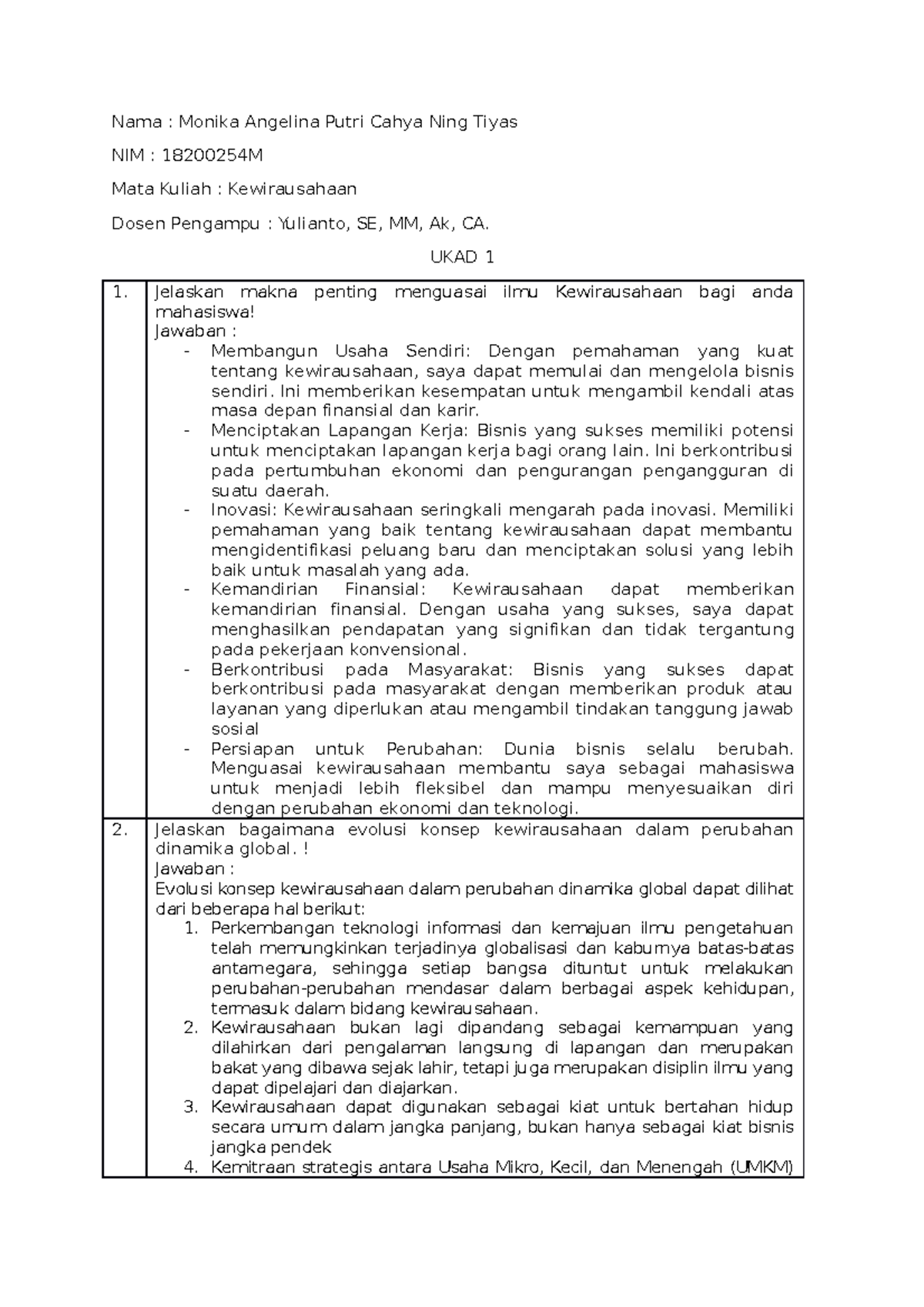 UKAD1 Kewirausahaan - Nama : Monika Angelina Putri Cahya Ning Tiyas NIM : 18200254M Mata Kuliah ...