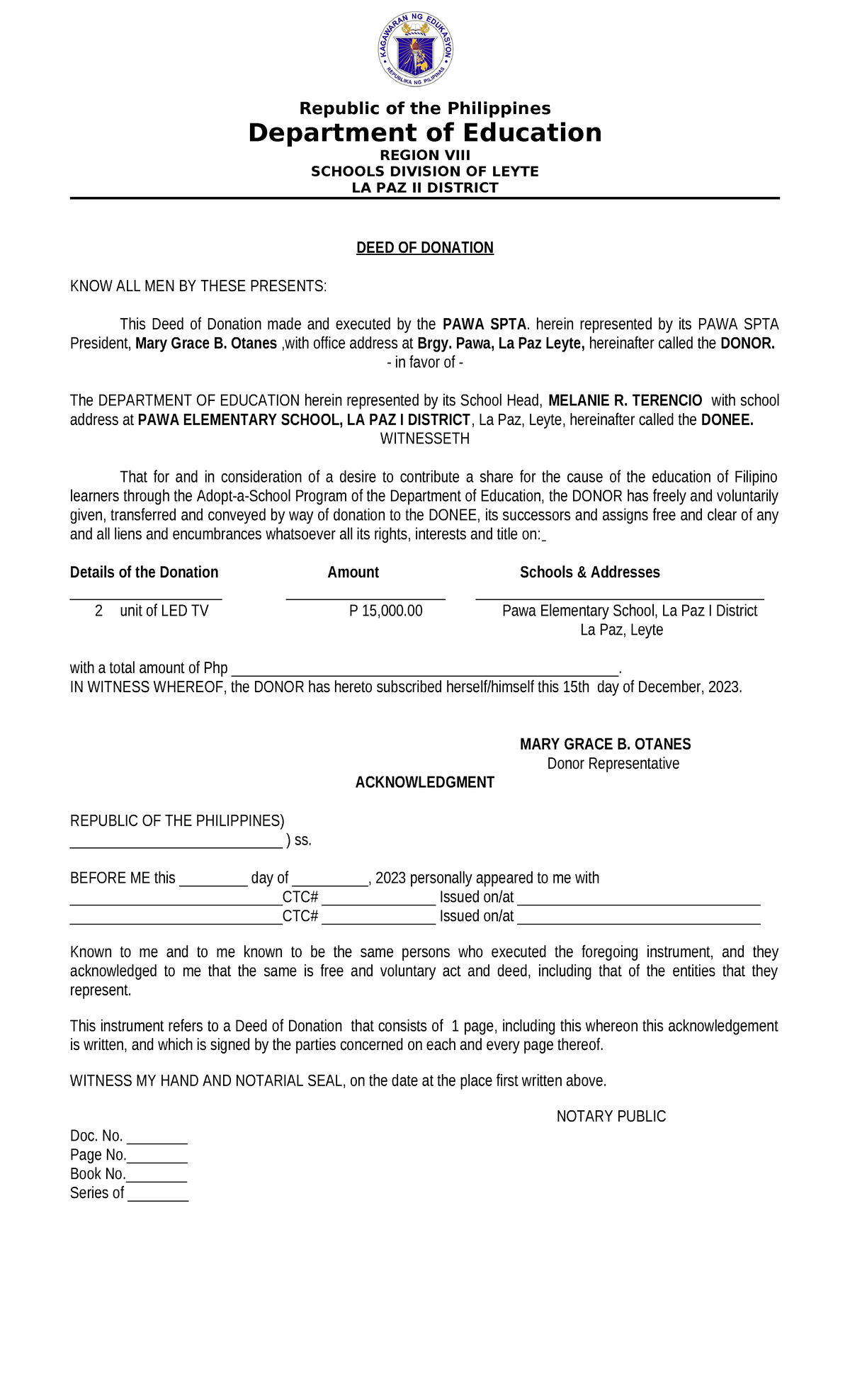 Deed-of-Donation - Republic of the Philippines Department of Education ...