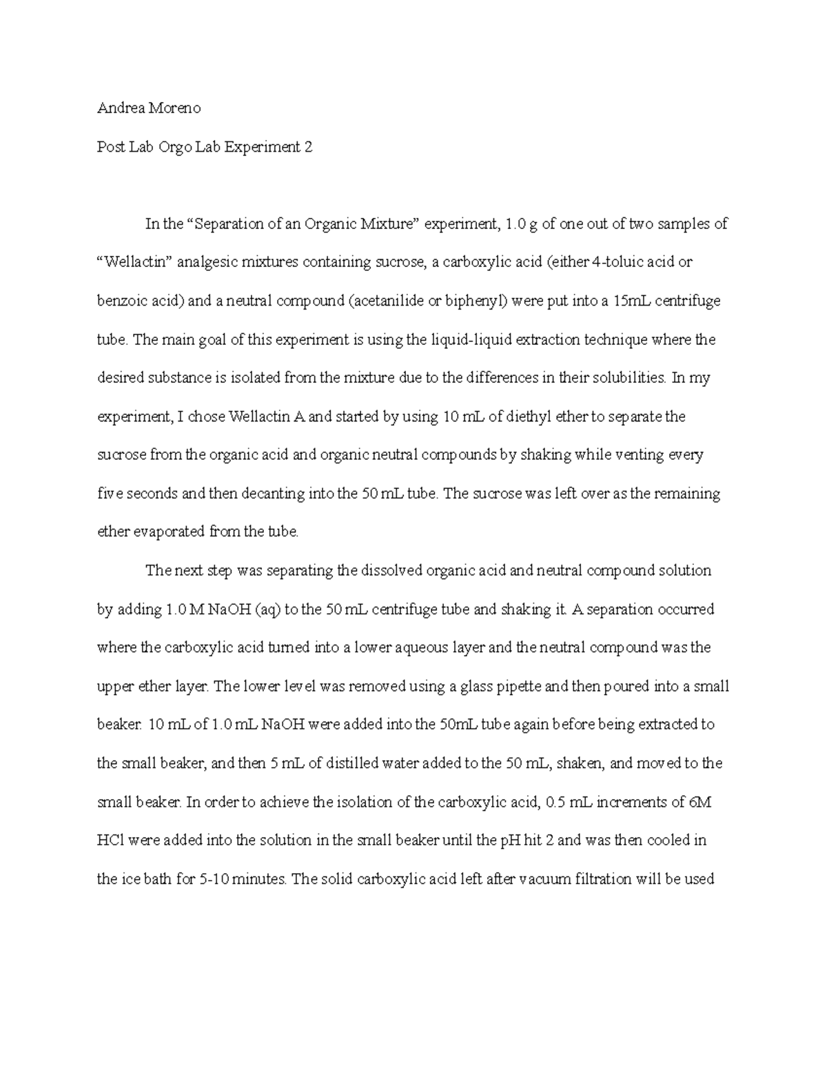Orgo Lab Experiment 2 - Organic Chemistry Lab - AQGUHa MRUHQR PRVW LaE ...