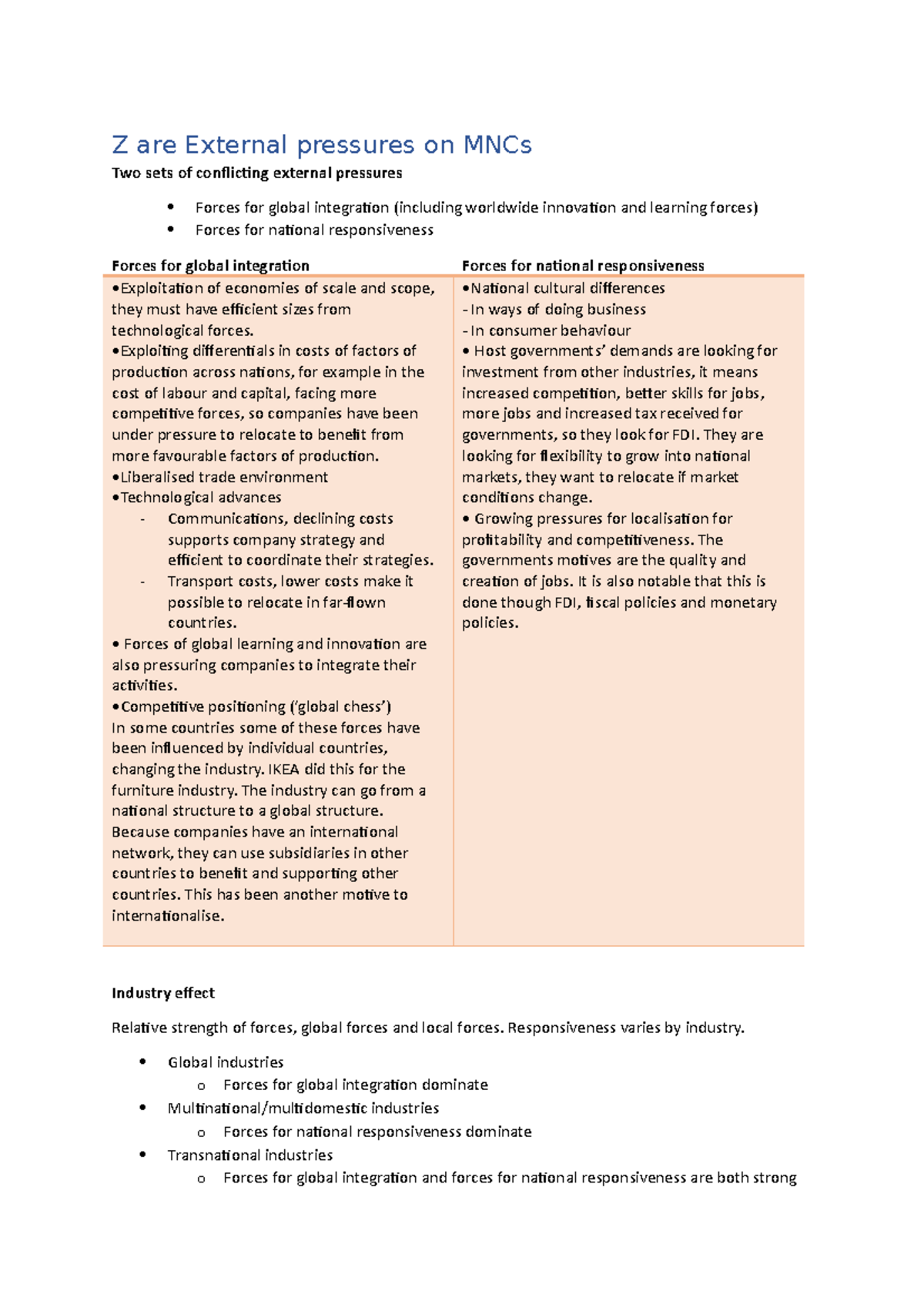 2.External pressures on MNCs - Z are External pressures on MNCs Two ...