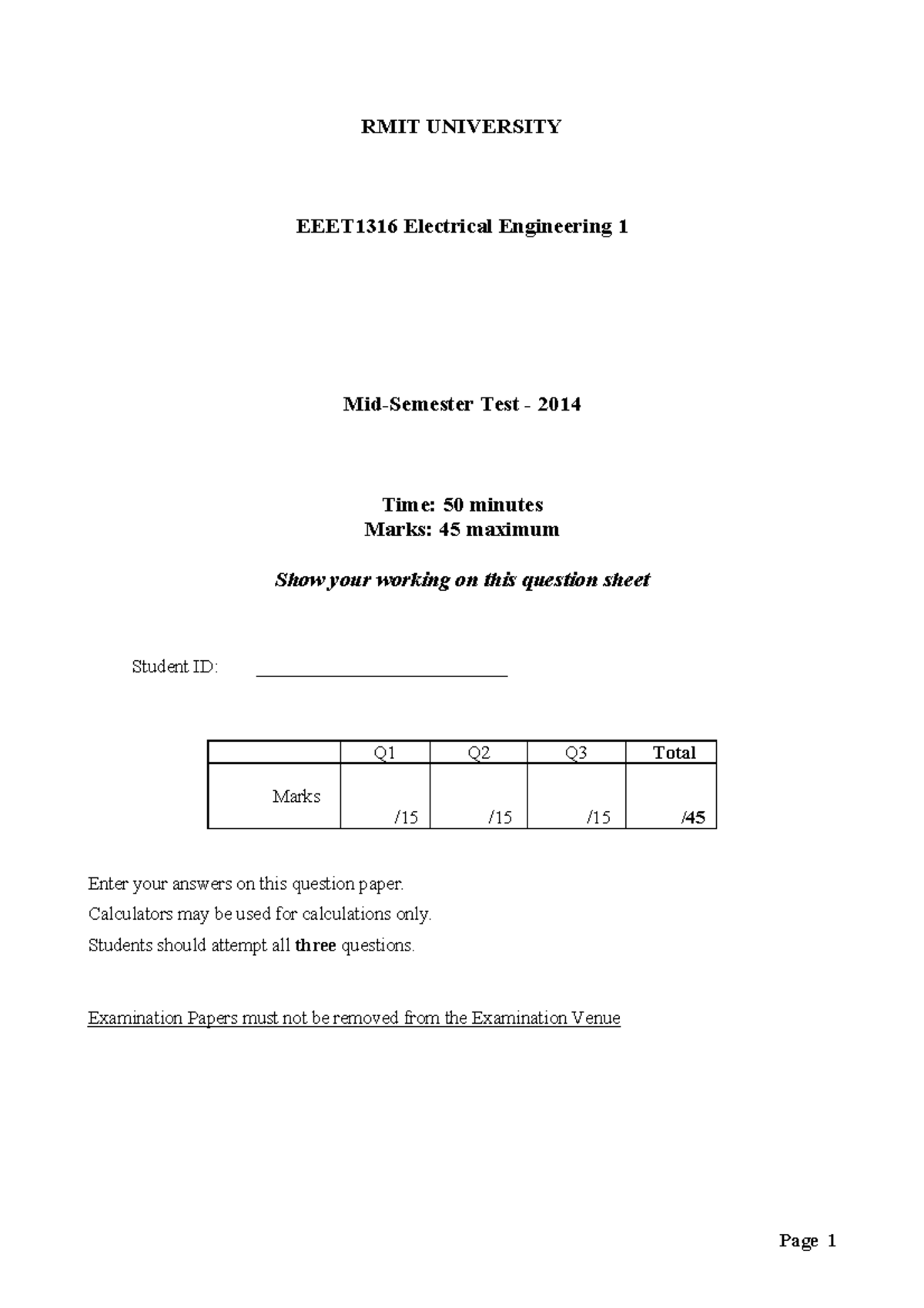 Exam 10 October 2014, questions and answers - RMIT UNIVERSITY EEET1316 ...