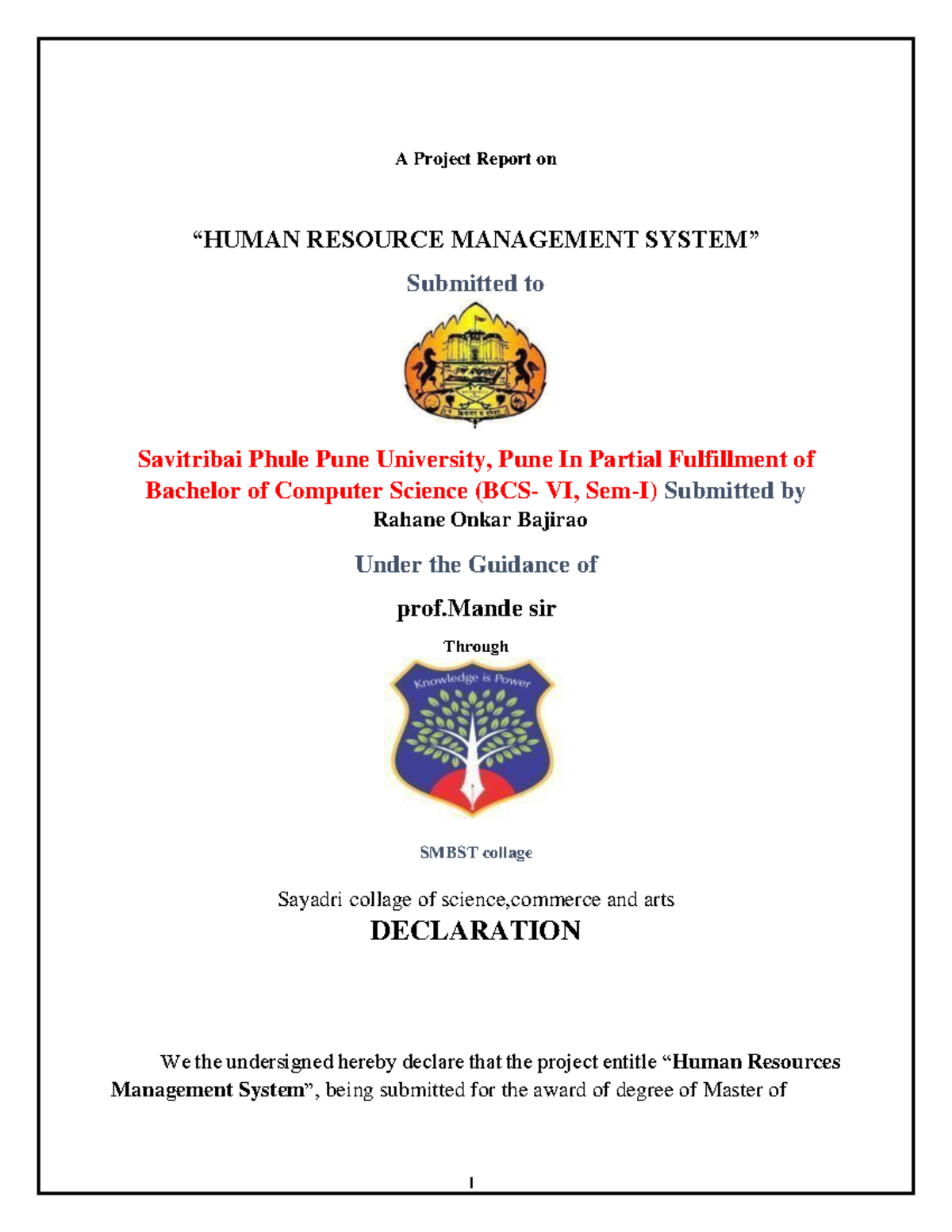 Hrmsproject Report 1 - A Project Report on “HUMAN RESOURCE MANAGEMENT ...