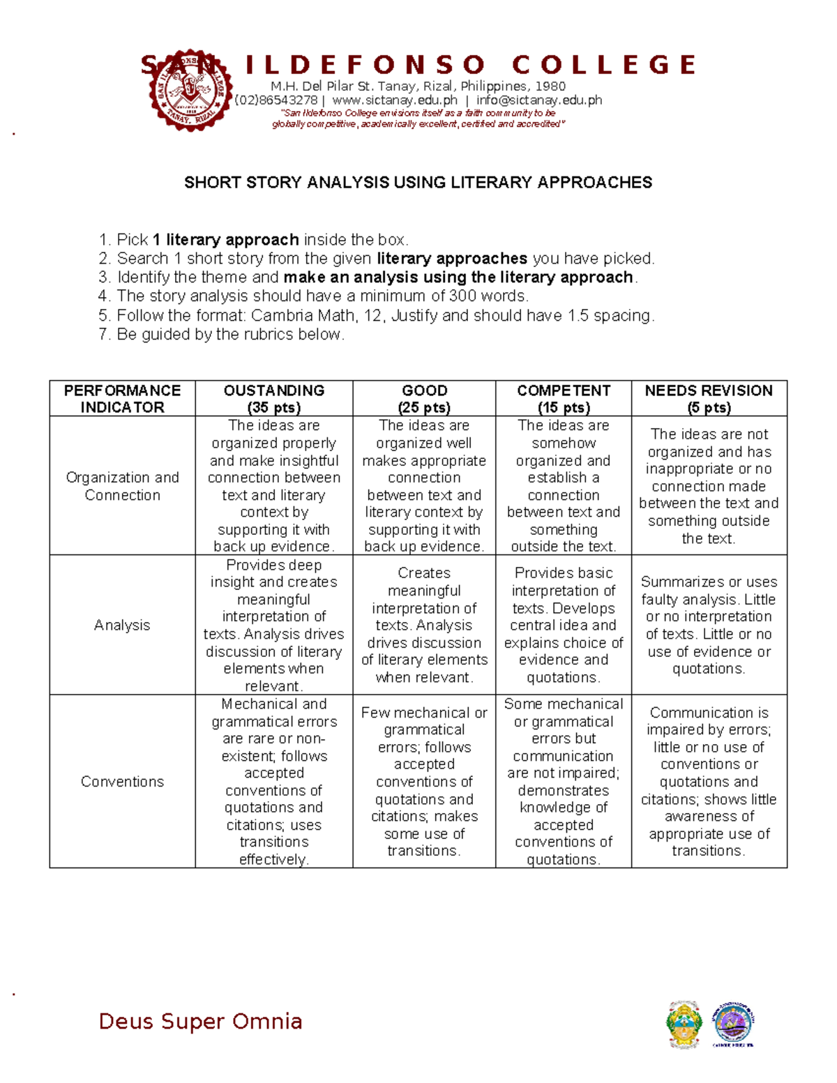 Analysis Rubrics - not sure - S A N I L D E F O N S O C O L L E G E M ...