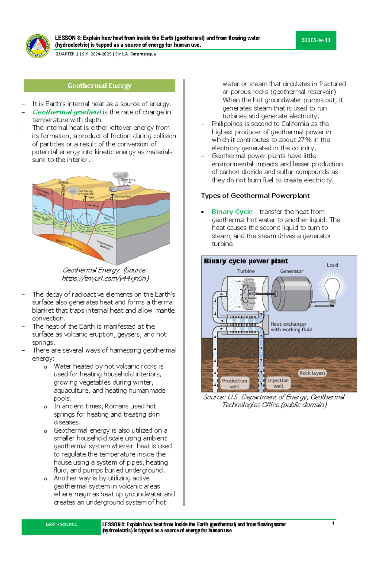 Lesson 8 Explain how heat from inside the Earth geothermal and from ...