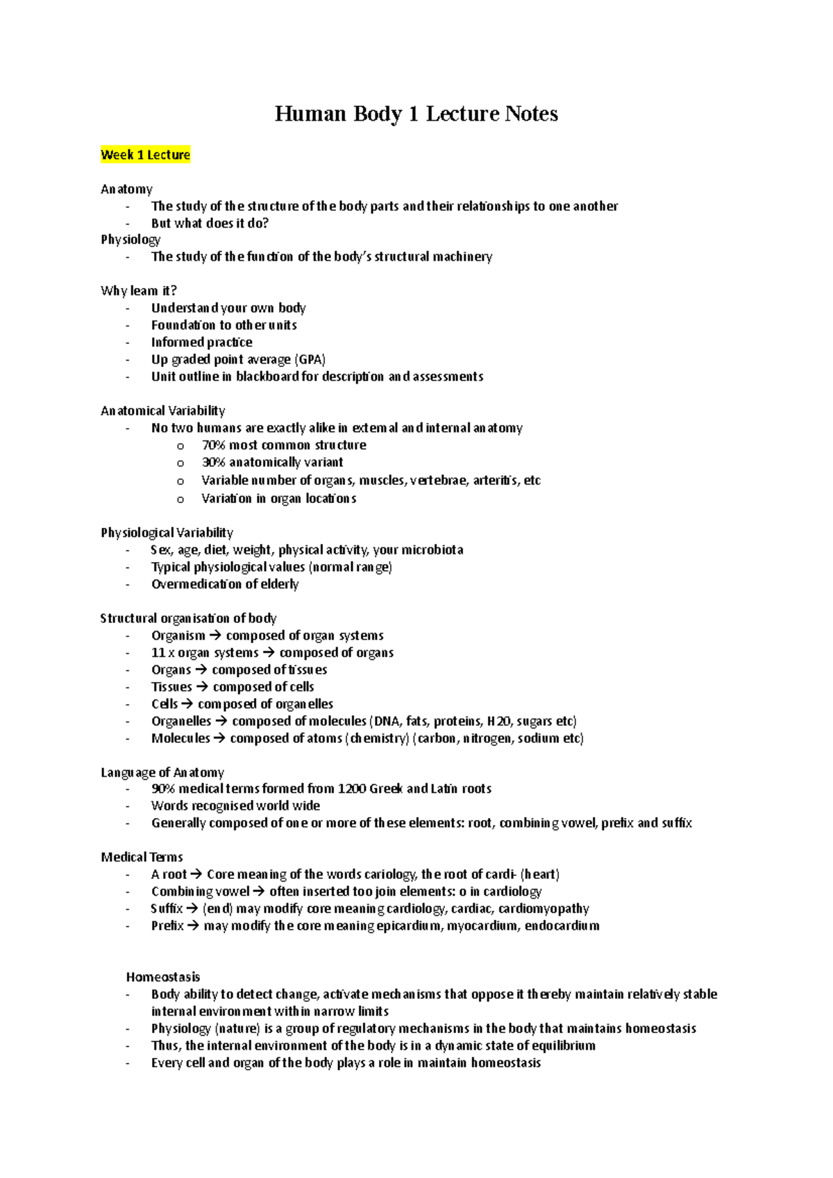 Human Body 1 notes - All Lecture Slides - Human Body 1 Lecture Notes ...