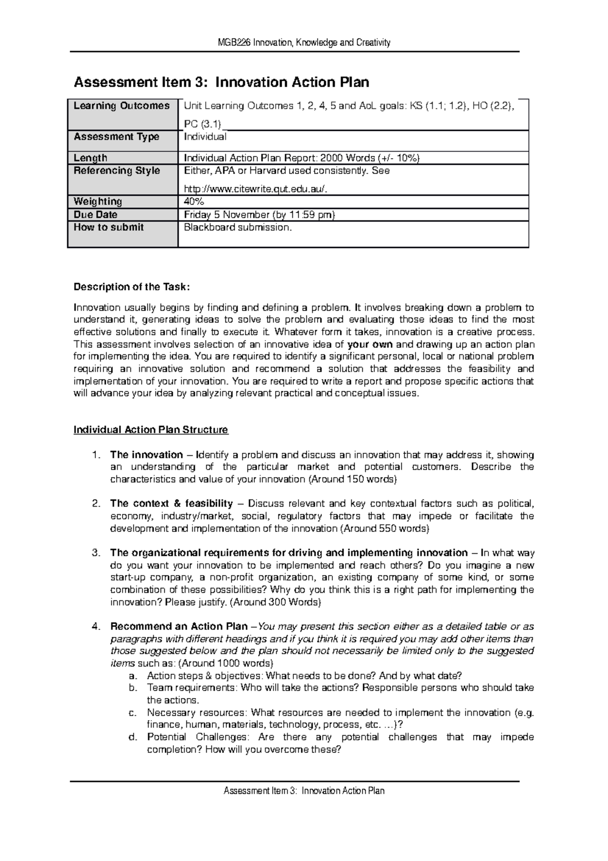 Innovation Action Plan 2021 S2 - MGB226 - QUT - Studocu
