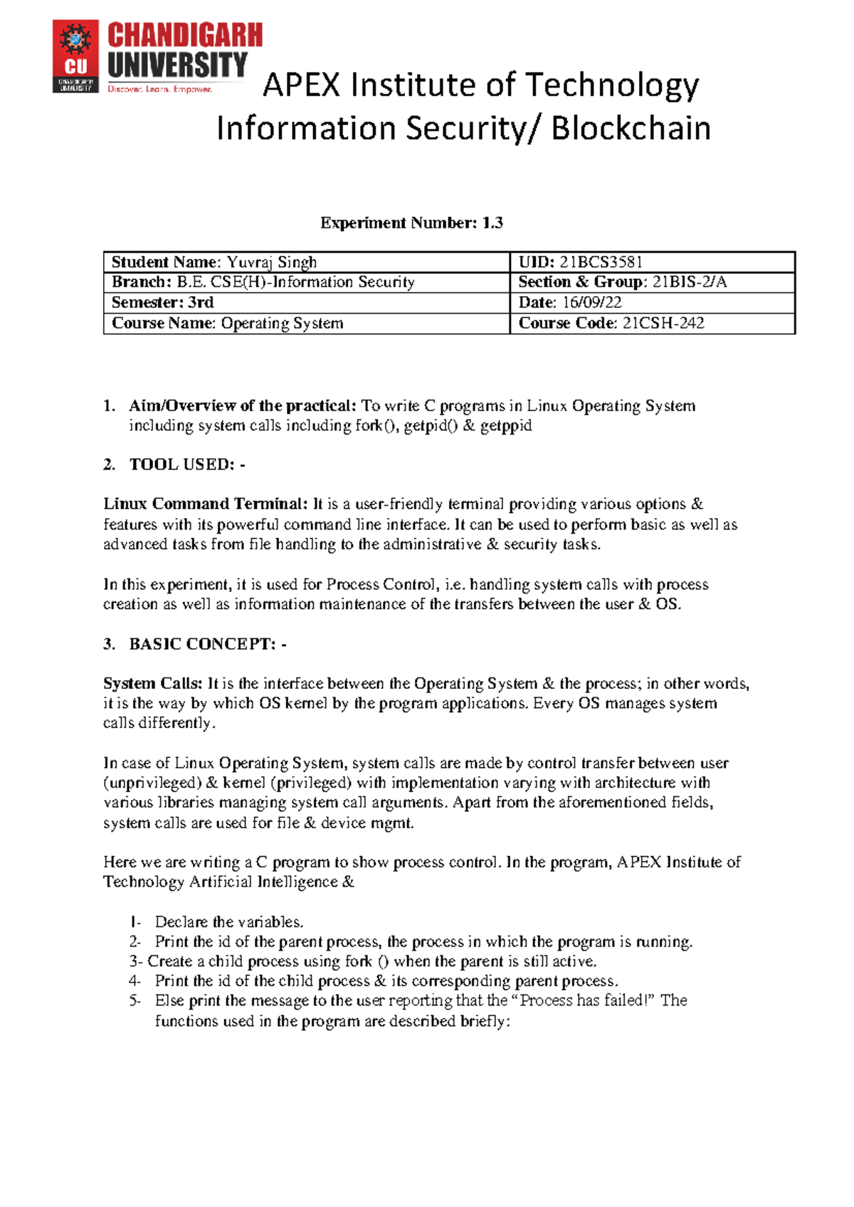 Yuvraj 21BCS3581 Os - Worksheet - Information Security/ Blockchain Experiment Number: 1. Student ...