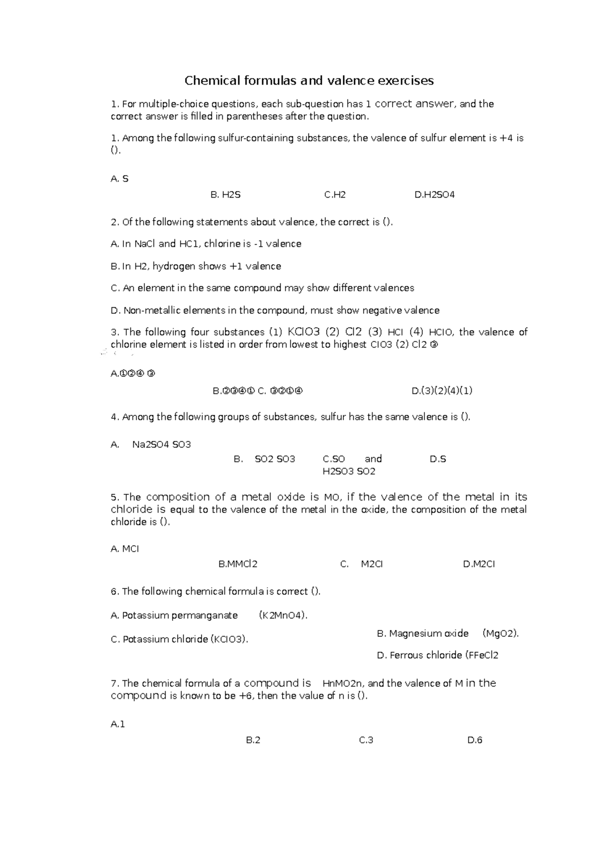 Chemical formulas and valence exercises CH102 - For multiple-choice ...