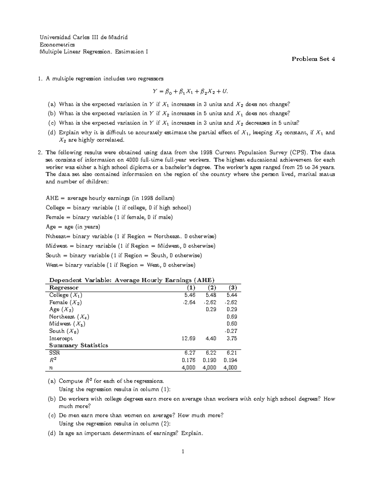 Problem set 4 - Enunciados - Universidad Carlos III de Madrid Econometrics Multiple Linear - Studocu