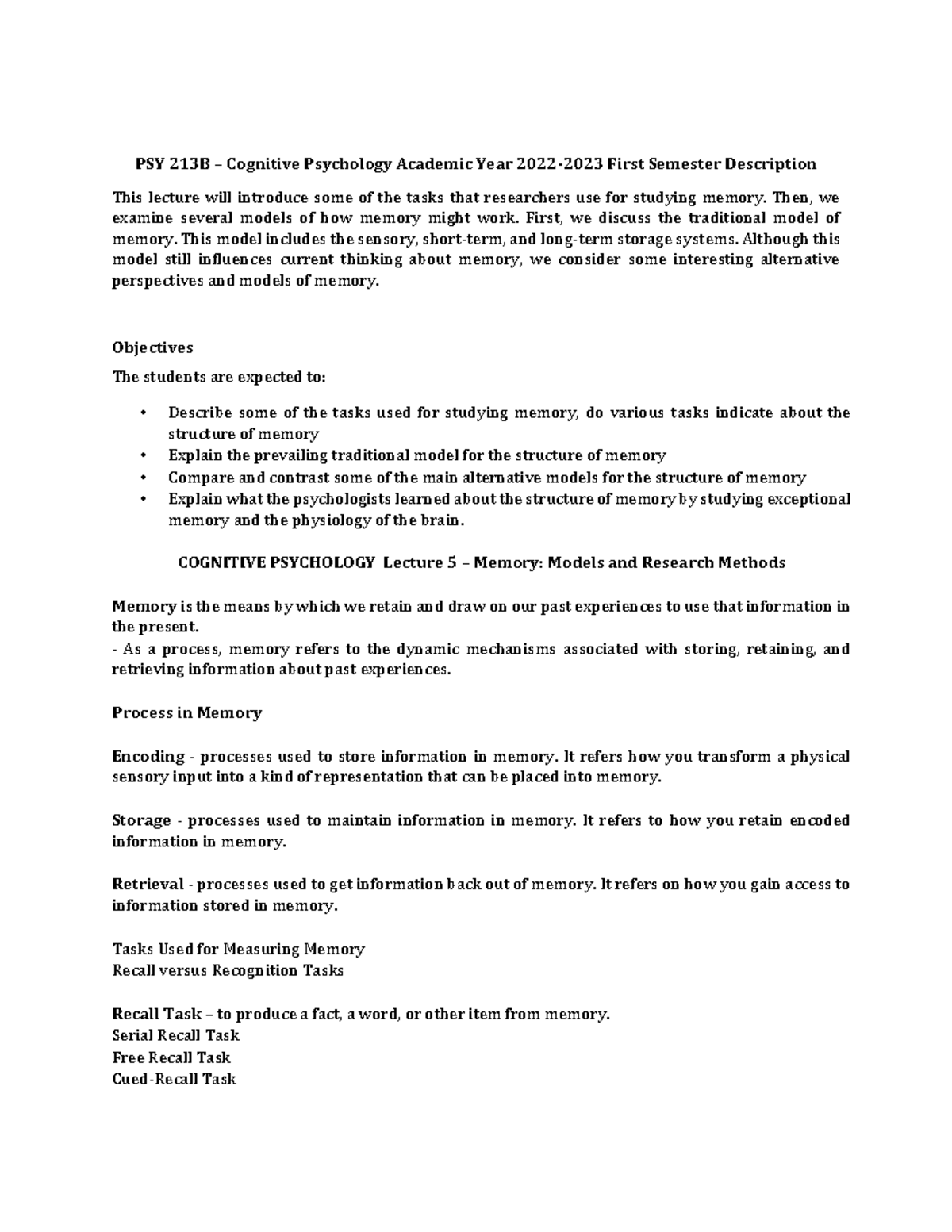Lecture 5 Memory Models and Research Methods - PSY 213B – Cognitive ...