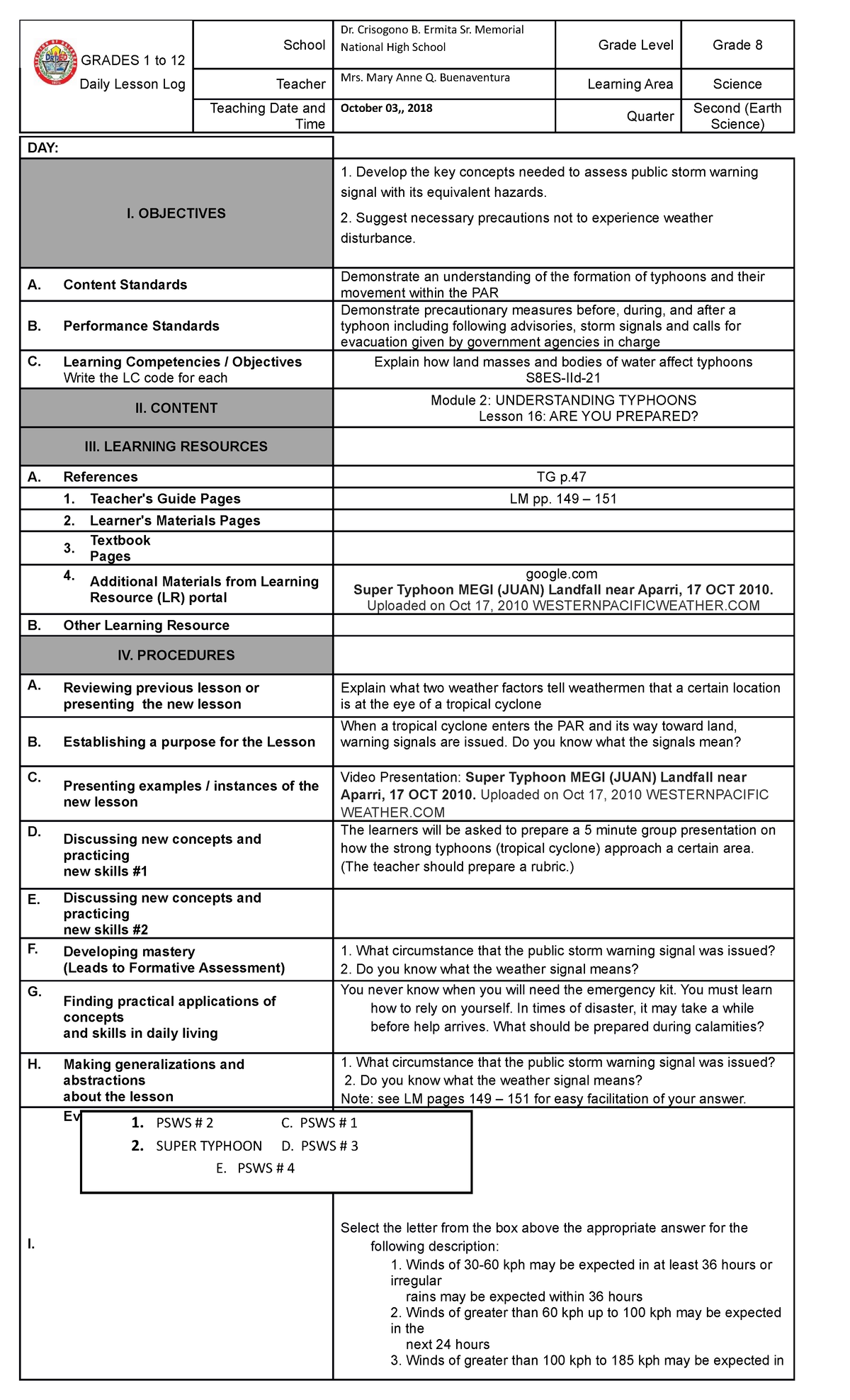 DLL-8-2 - lesson plan for science - GRADES 1 to 12 School Dr. Crisogono ...
