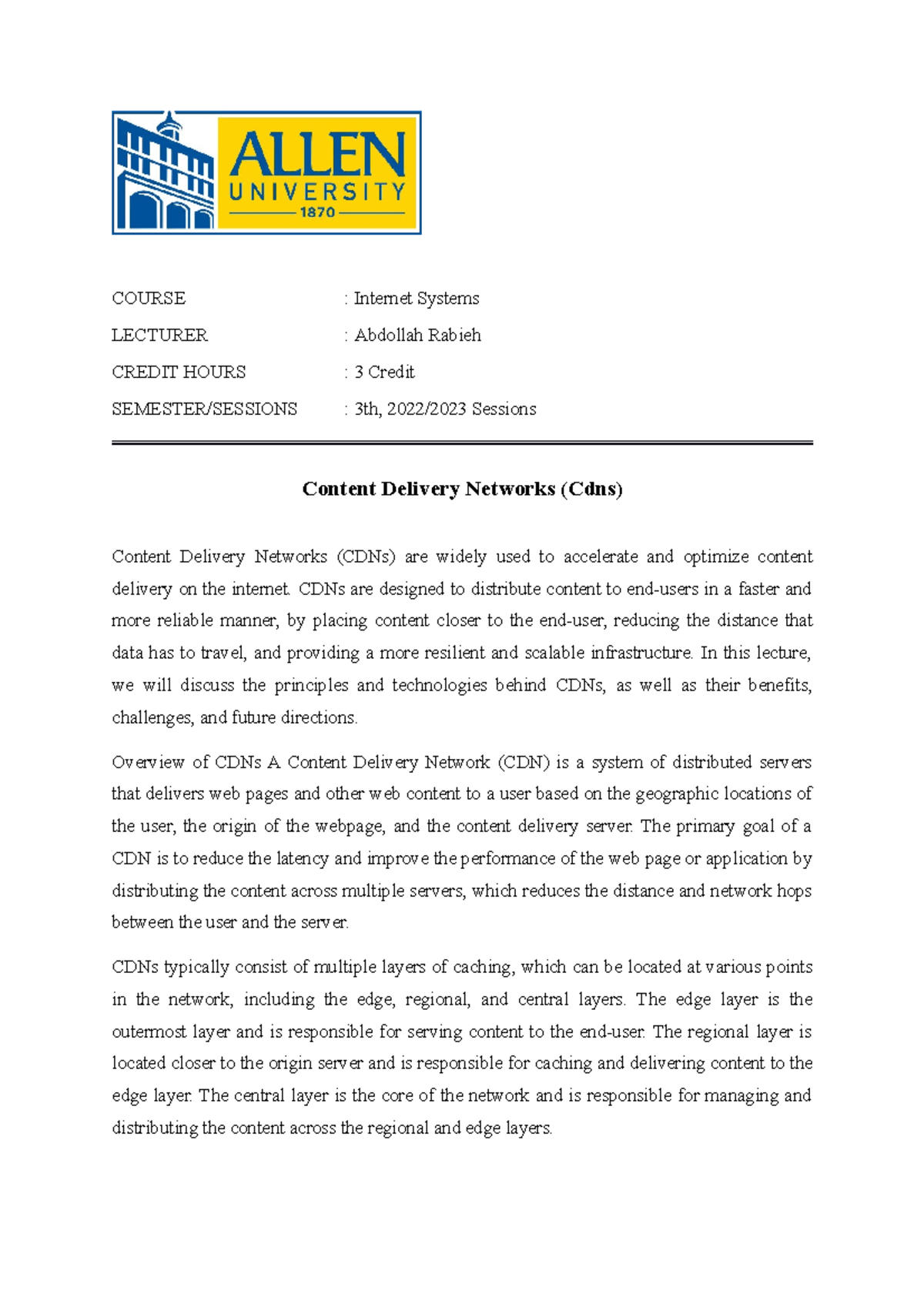 Content Delivery Networks Cdns Internet Systems Course Internet Systems Lecturer