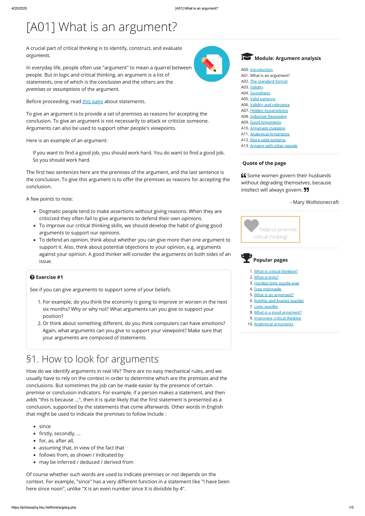 A01 What is an argument - Lecture notes 3 - 4/20/2020 [A01] What is an ...