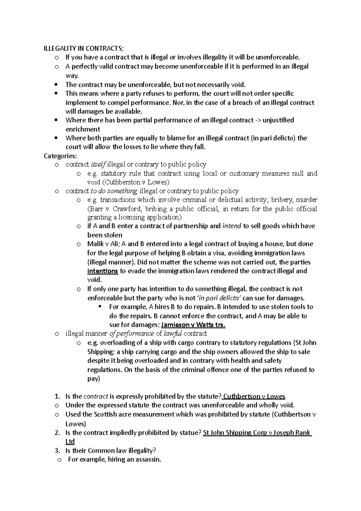 Illegality in Contracts: Consequences and Remedies - Studocu