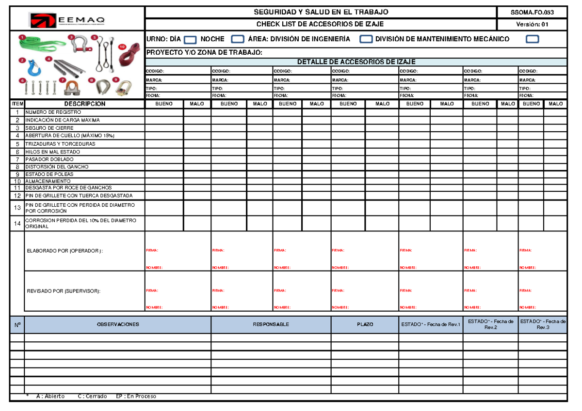 Check LIST DE Accesorios DE Izaje - ITEM DESCRIPCION BUENO MALO BUENO ...