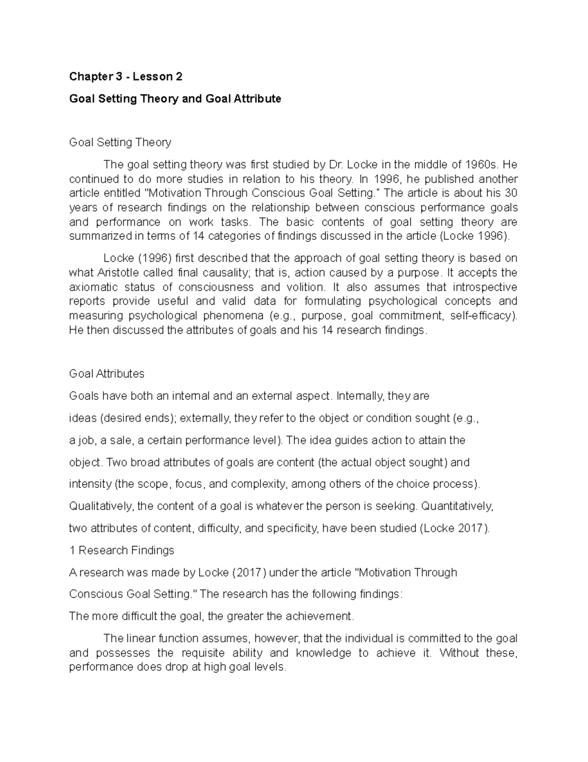 Goal Setting Theory And Goal Attribute Locke In The Middle Of 1960s