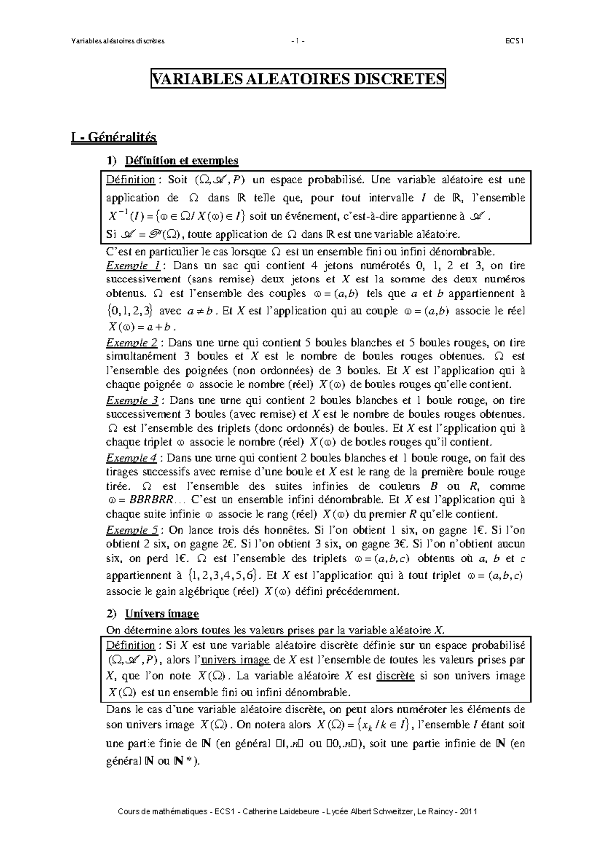 Variables aléatoires discrètes - VARIABLES ALEATOIRES DISCRETES I ...