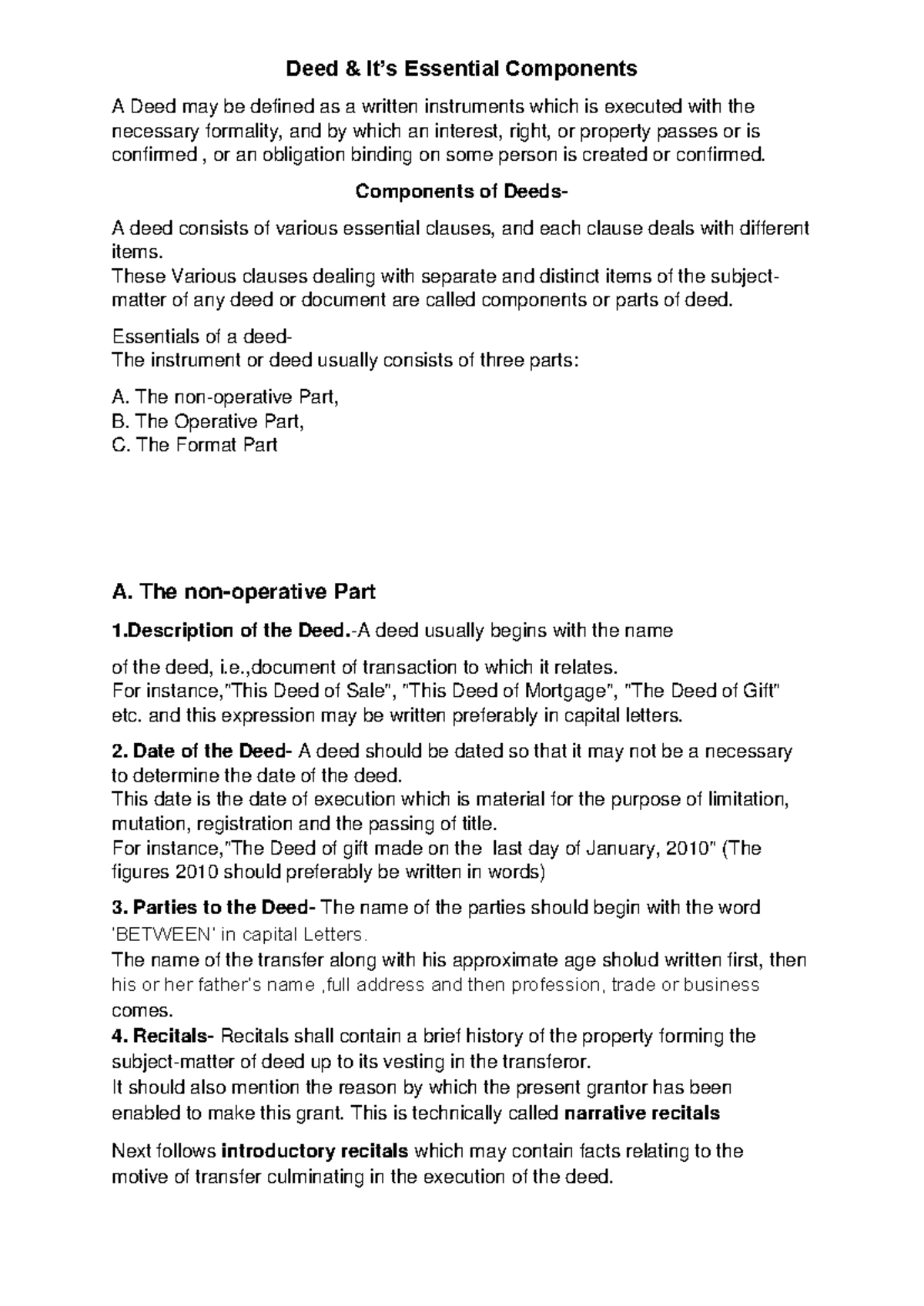 Deed - Components of Deeds- A deed consists of various essential ...