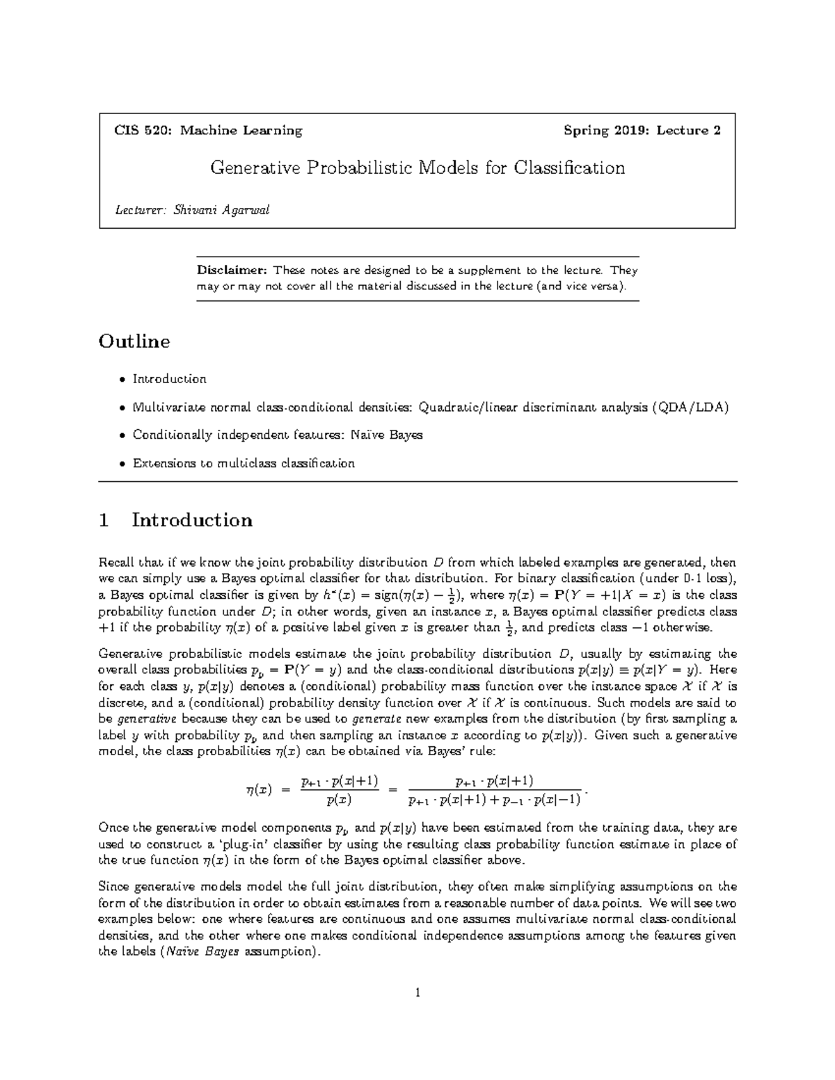 02-classification-generative - CIS 520: Machine Learning Spring 2019: Lecture 2 Generative - Studocu
