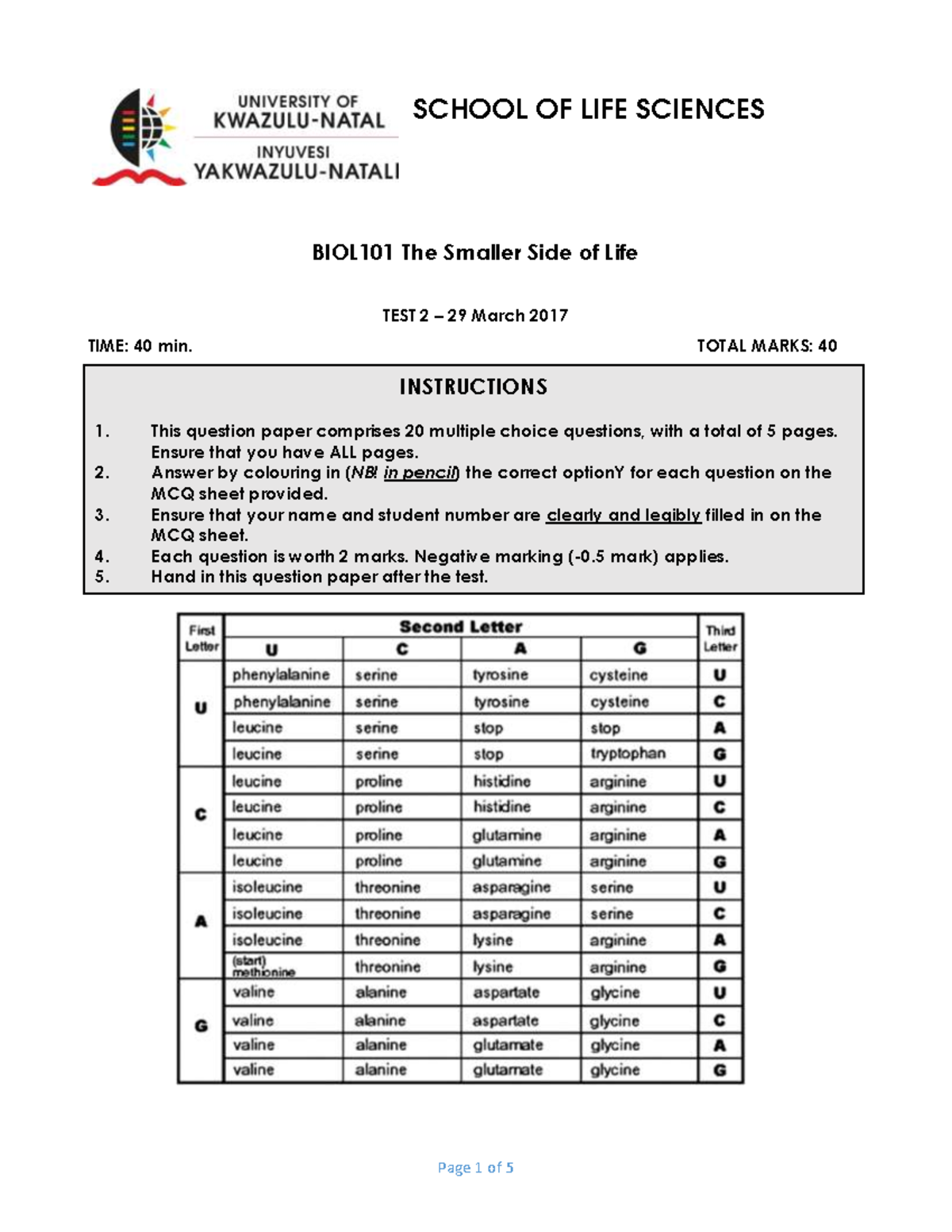 Test 2 April 2018, questions and answers - SCHOOL OF LIFE SCIENCES ...