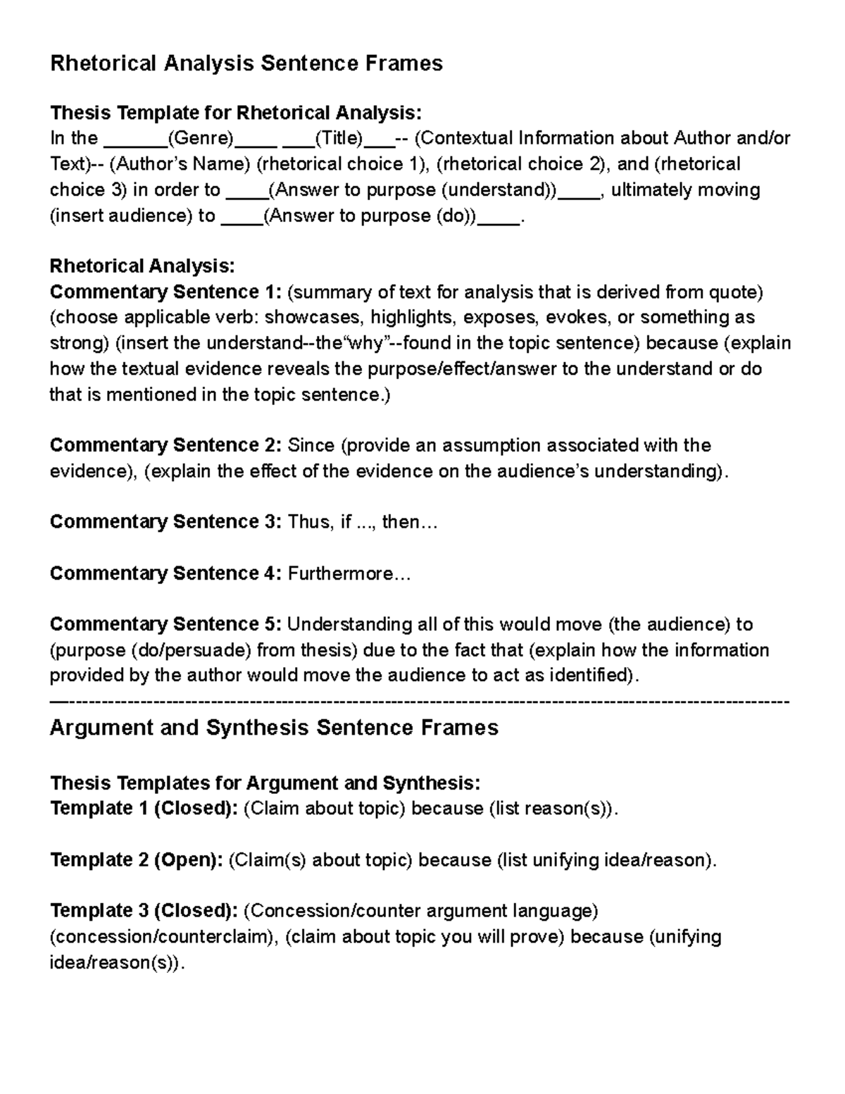 Copy of Thesis and Commentary Sentence Frames - Rhetorical Analysis ...