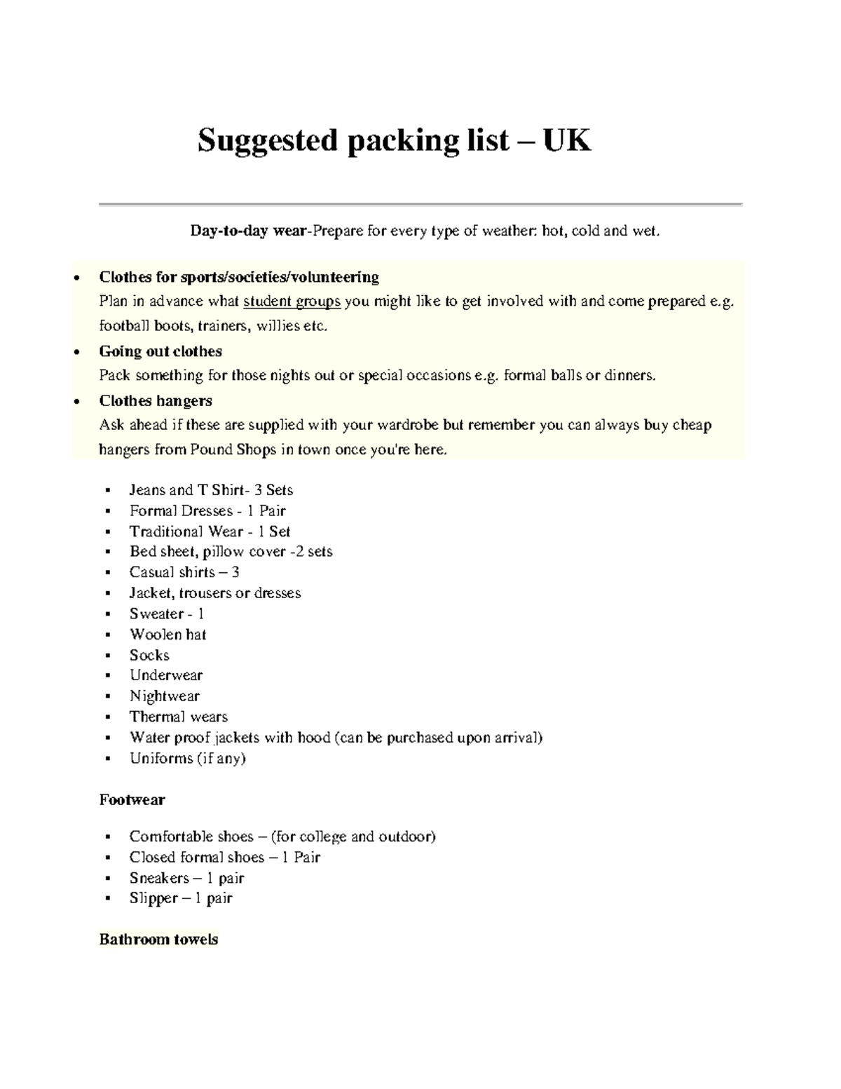 Suggested packing list for UK (1) (3) (1) (1) - Suggested packing list ...