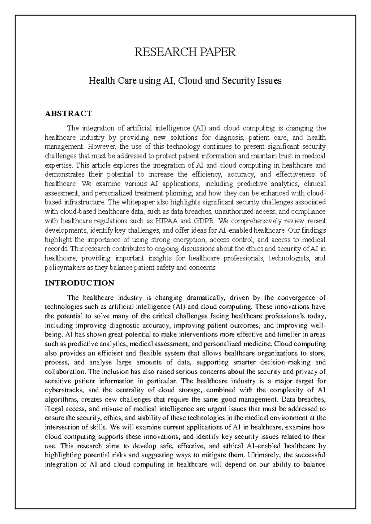 DCC Report test 3 - kjnk - RESEARCH PAPER Health Care using AI, Cloud ...