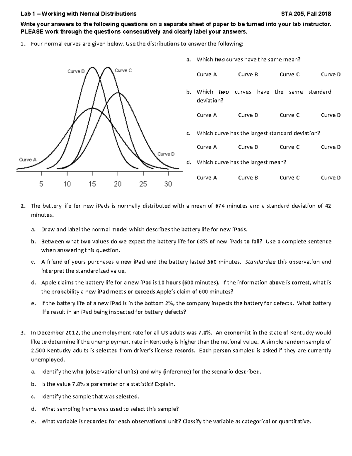 Lab 1 - Lab 1 - Lab 1 – Working with Normal Distributions STA 205, Fall ...