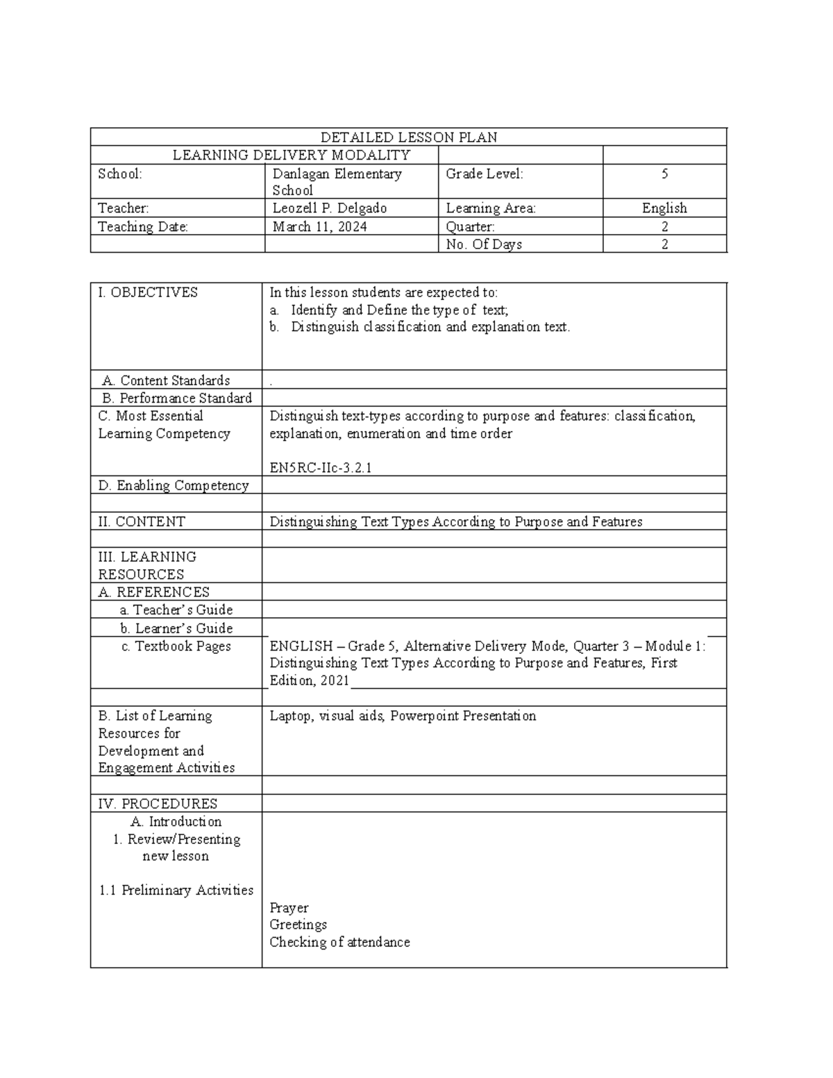 Detailed Lesson PLAN. English 5 - DETAILED LESSON PLAN LEARNING ...