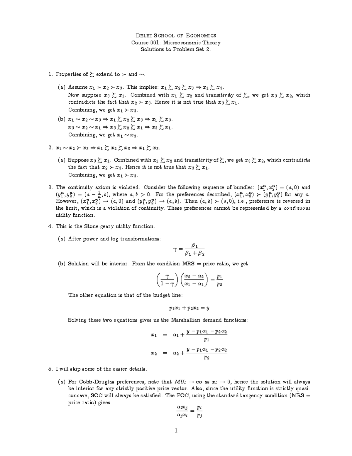 001 PS2 Solutions - Problem set answers - Delhi School of Economics Course 001: Microeconomic ...