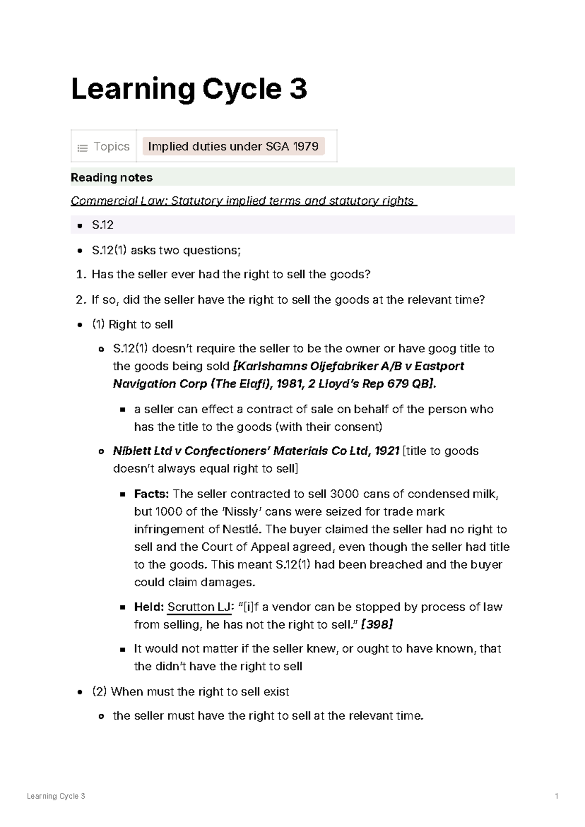 Commercial Law LC3 - Learning Cycle 3 Topics Implied duties under SGA ...