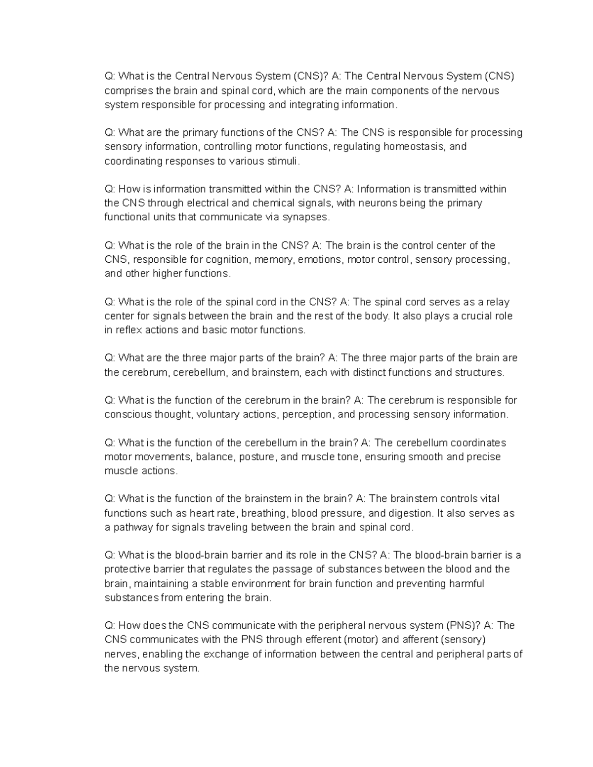 Chapter 5 CNS - summaries - Q: What is the Central Nervous System (CNS ...