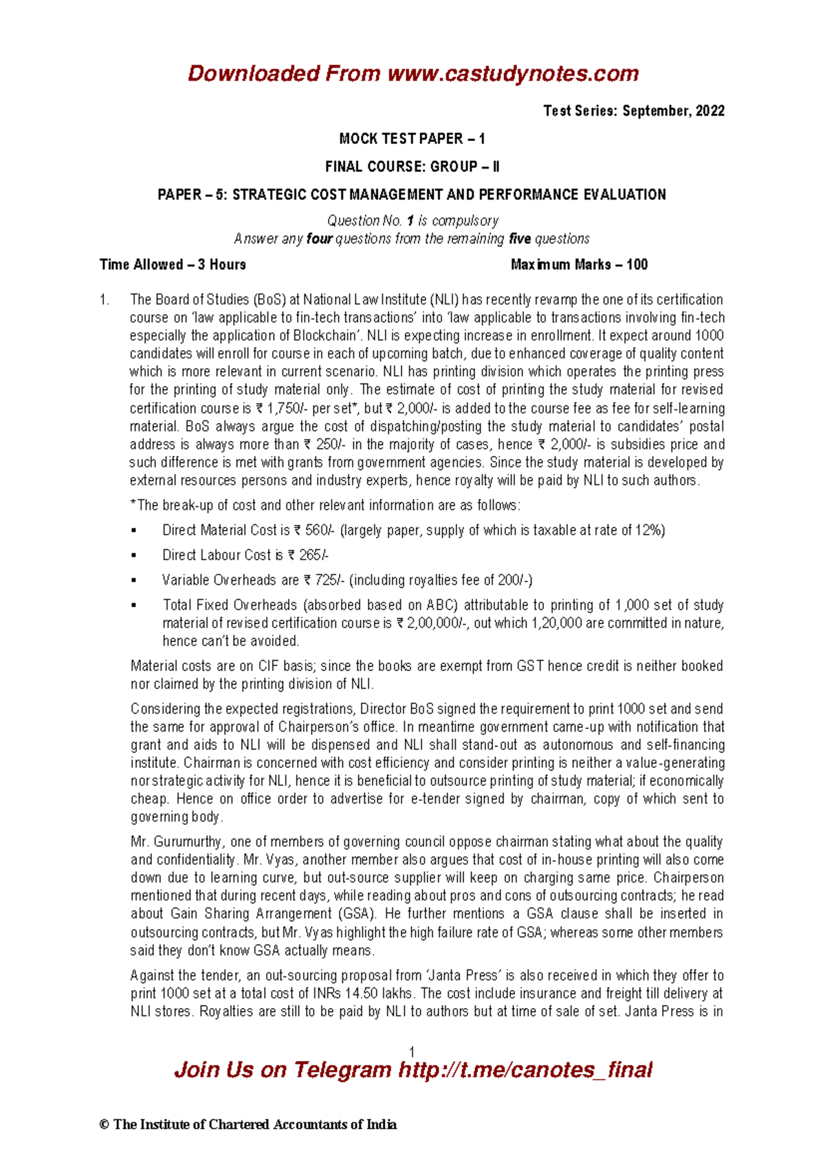 CA Final Scmpe QA MTP 1 Nov 2022 - 1 Test Series: September, 2022 MOCK ...