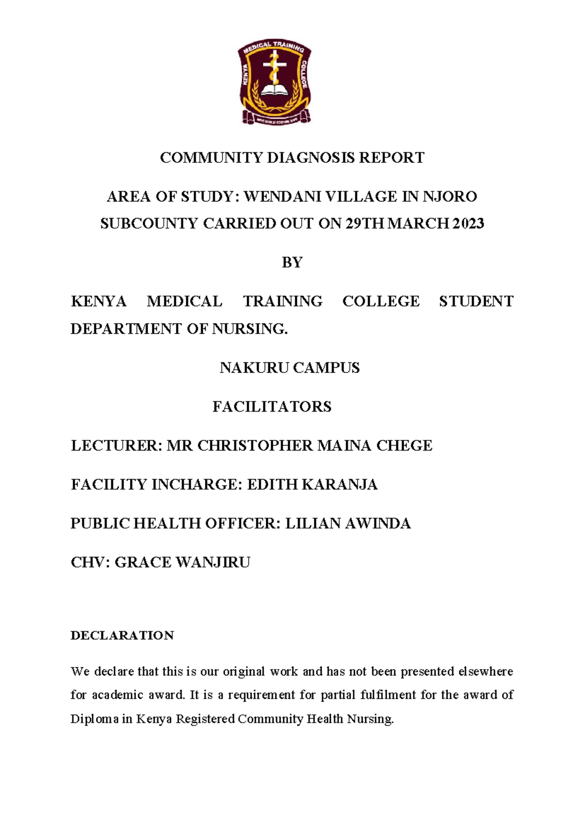 Wendanipage 1 - Education - COMMUNITY DIAGNOSIS REPORT AREA OF STUDY ...