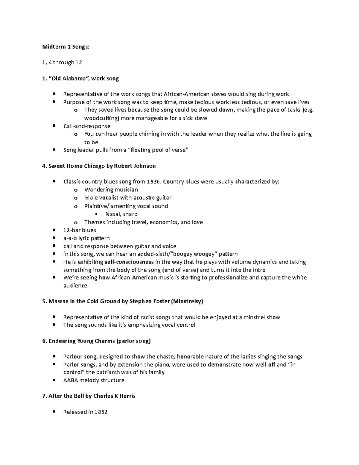 Midterm 1 - Song Analysis - Midterm 1 Songs: 1, 4 through 12 “Old ...