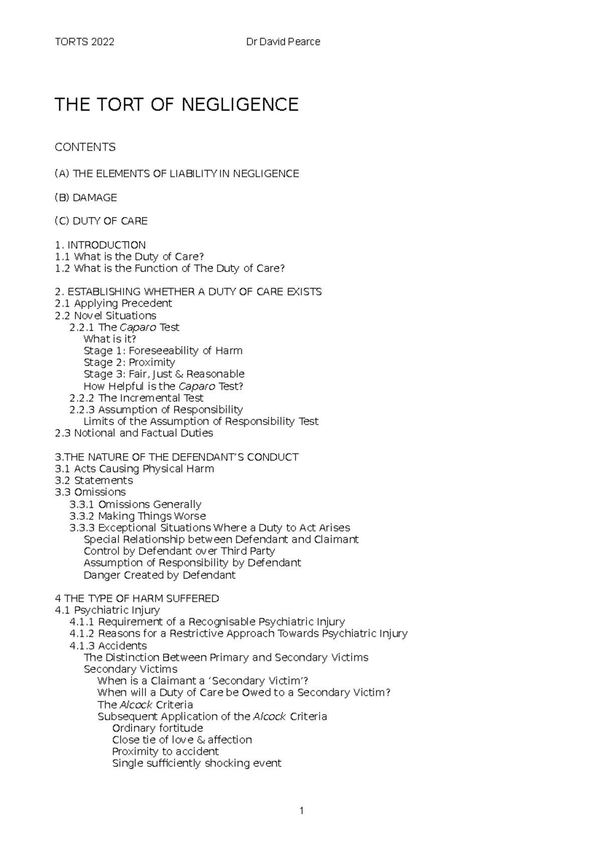 Duty of Care Lecture Handout 2022 - THE TORT OF NEGLIGENCE CONTENTS (A ...