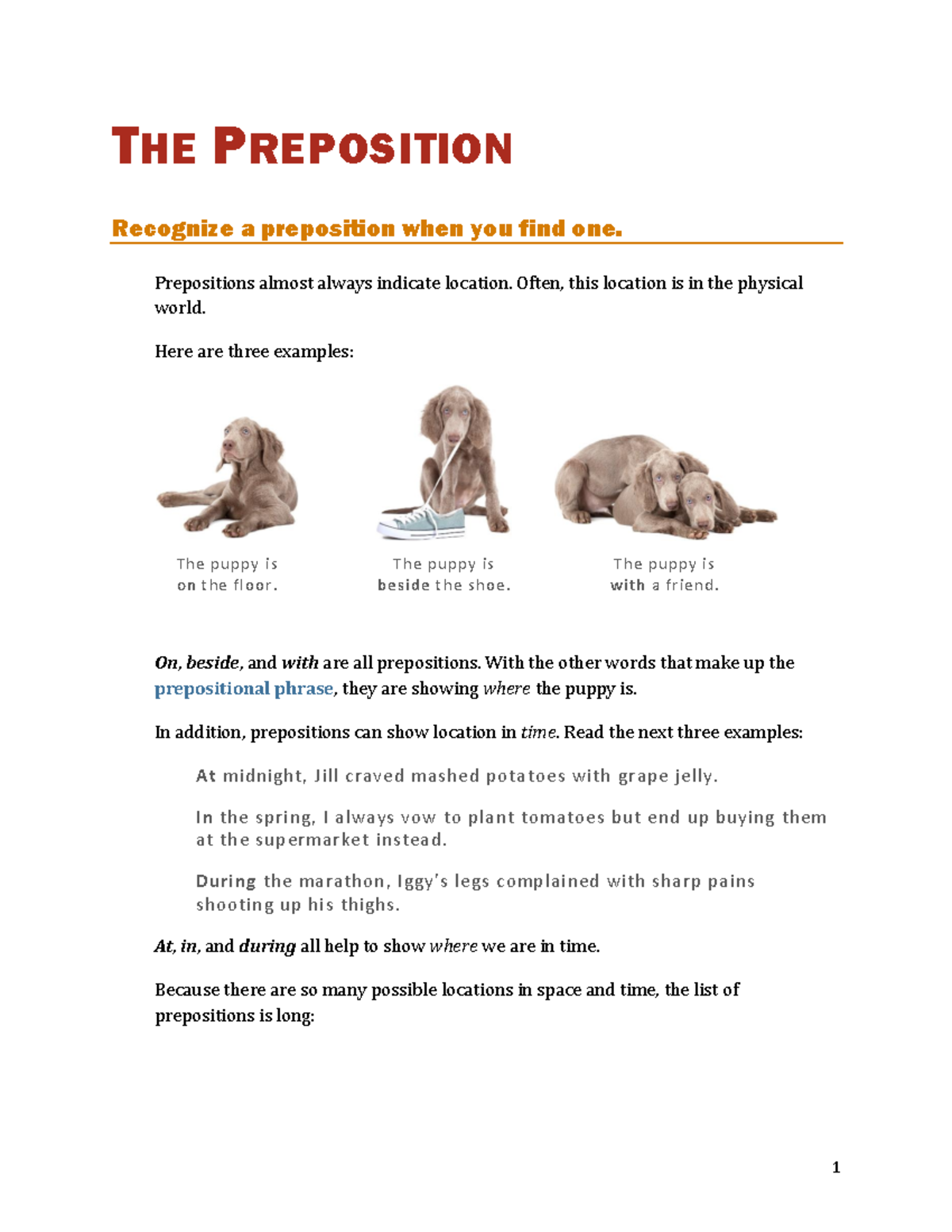 Grammar 6 - 1 THE PREPOSITION Recognize a preposition when you find one ...