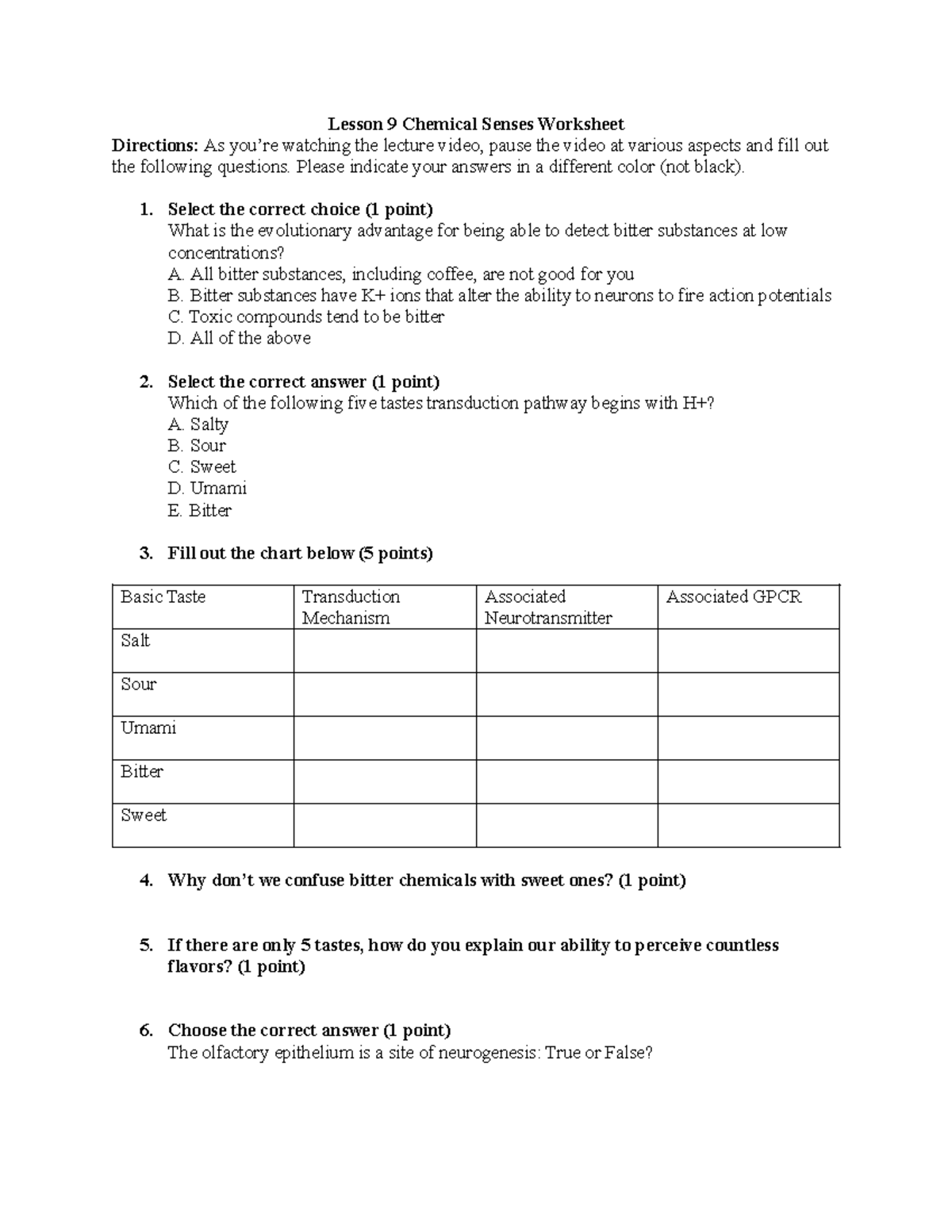 Lesson 9 Worksheet - Lesson 9 Chemical Senses Worksheet Directions: As you’re watching the ...