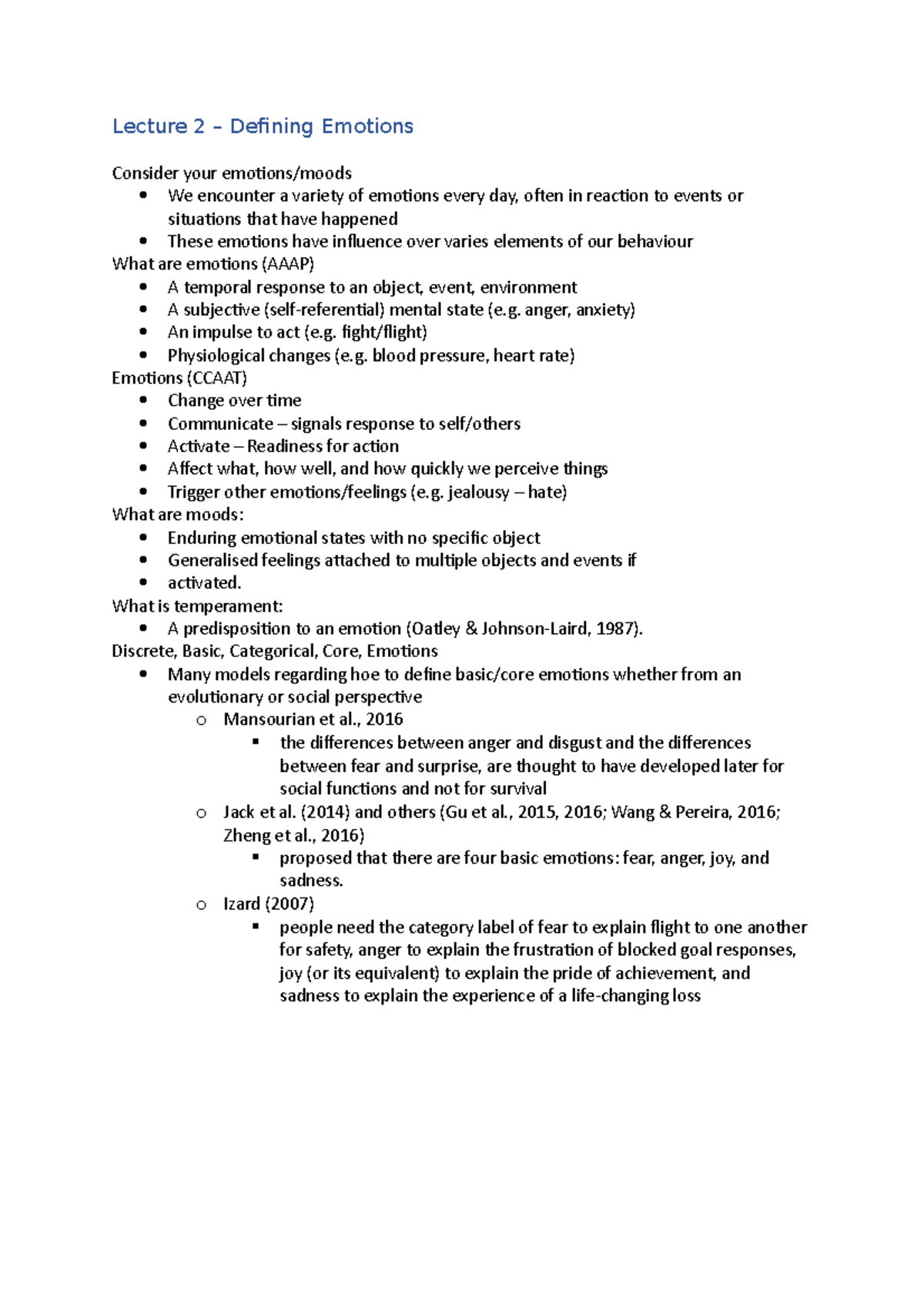 PSY391 Lecture 2 - Lecture 2 – Defining Emotions Consider your emotions ...