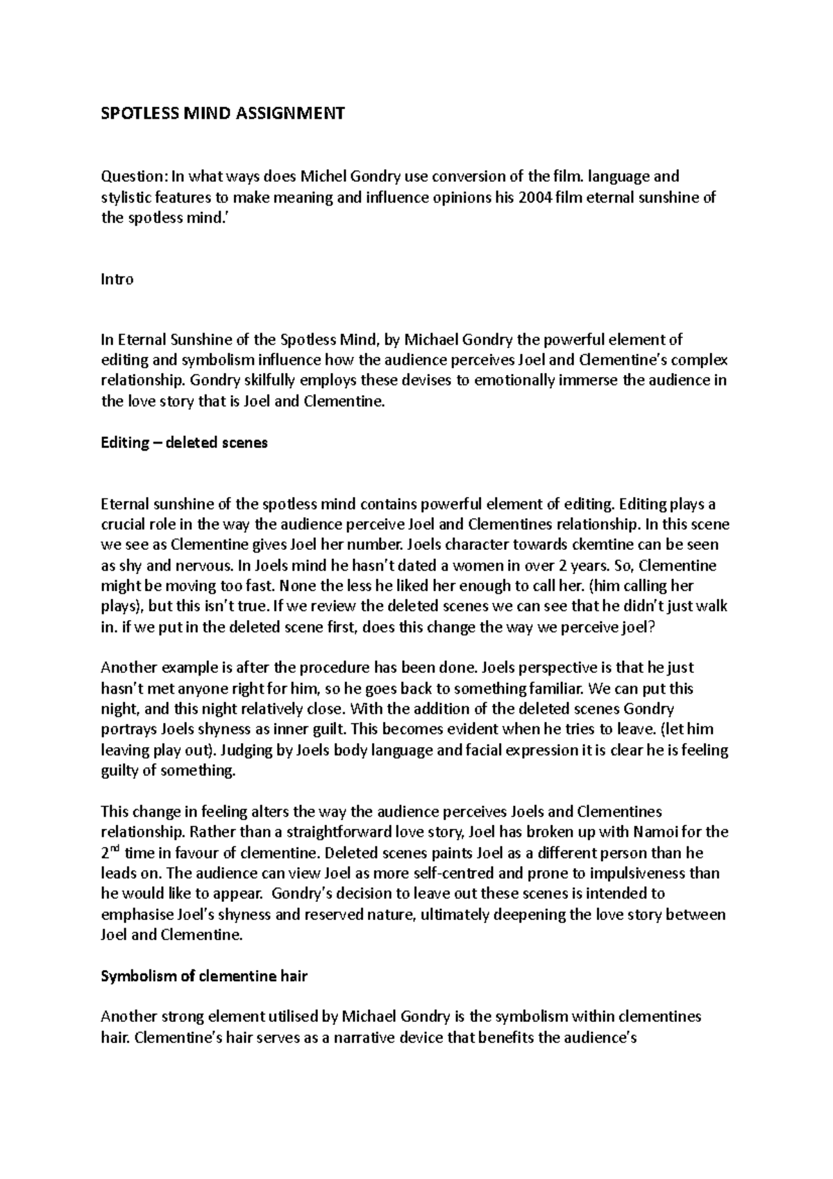 Eternal Sunshine of the spotless mind analysis - SPOTLESS MIND ...