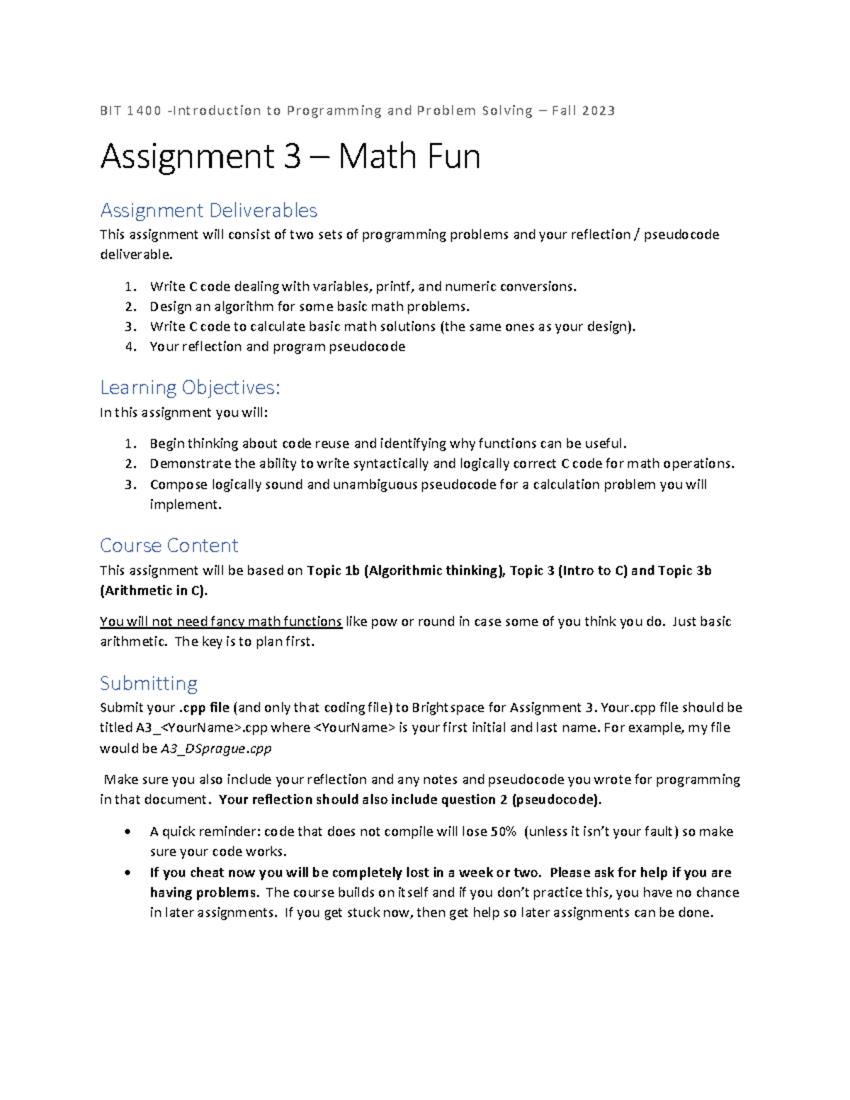 A3 Math Fun BIT1400 F23 - Assignment math - BIT 1400 - Introduction to Programming and Problem ...