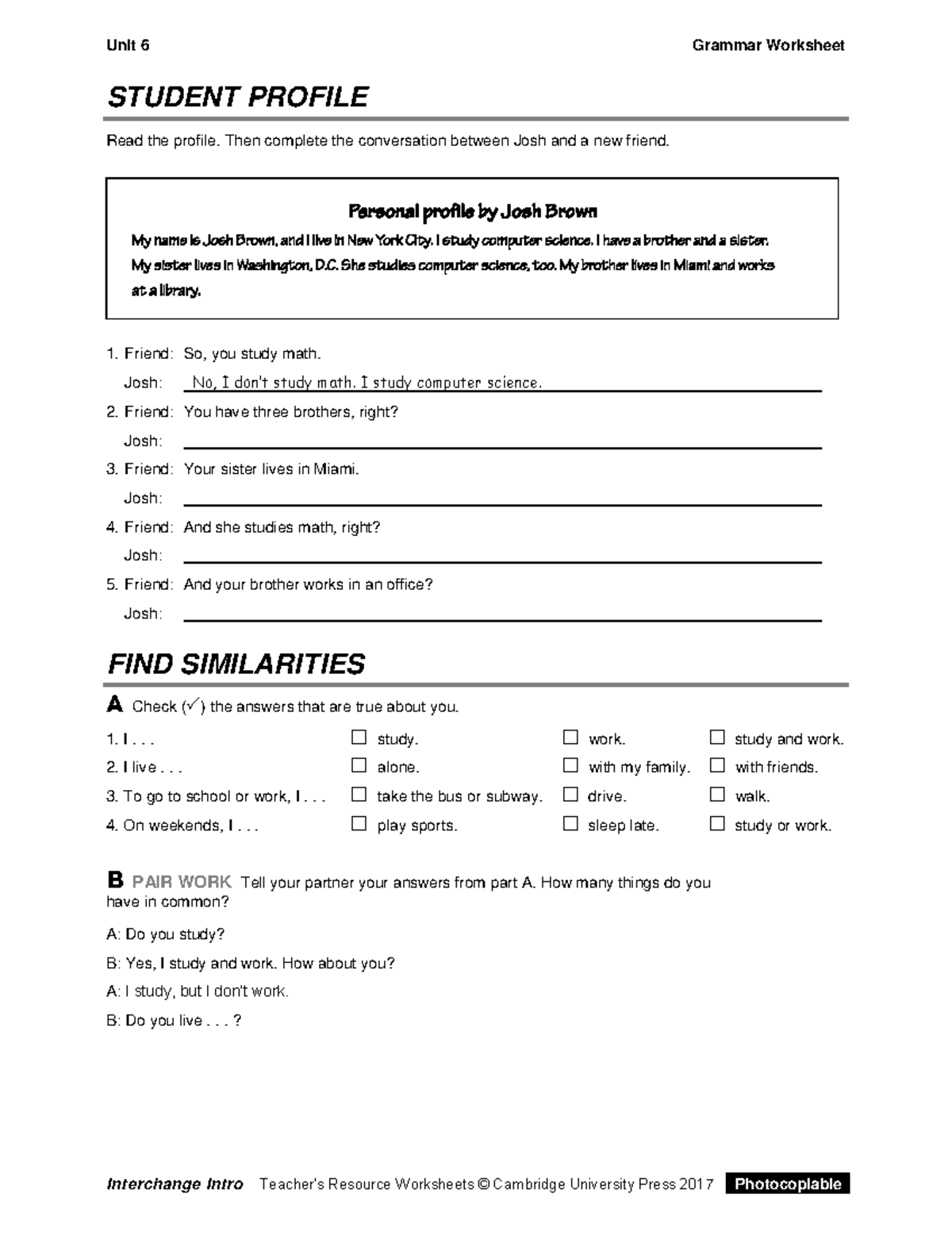 Interchange 5th Ed Intro Level Unit06 Grammar Worksheet - Unit 6 ...