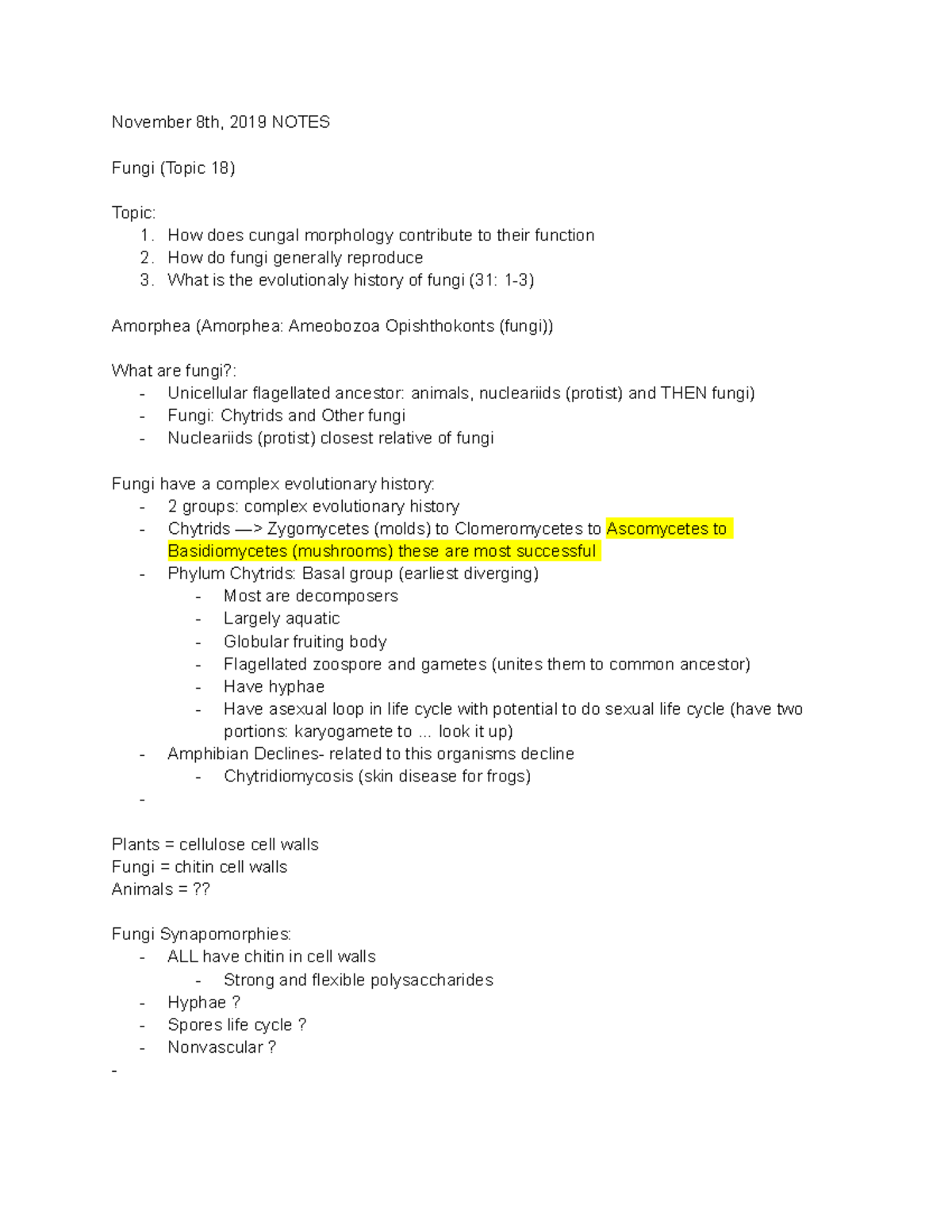 Nov. 8th, 2019 Notes - Fungi How does fungal morphology contribute to ...